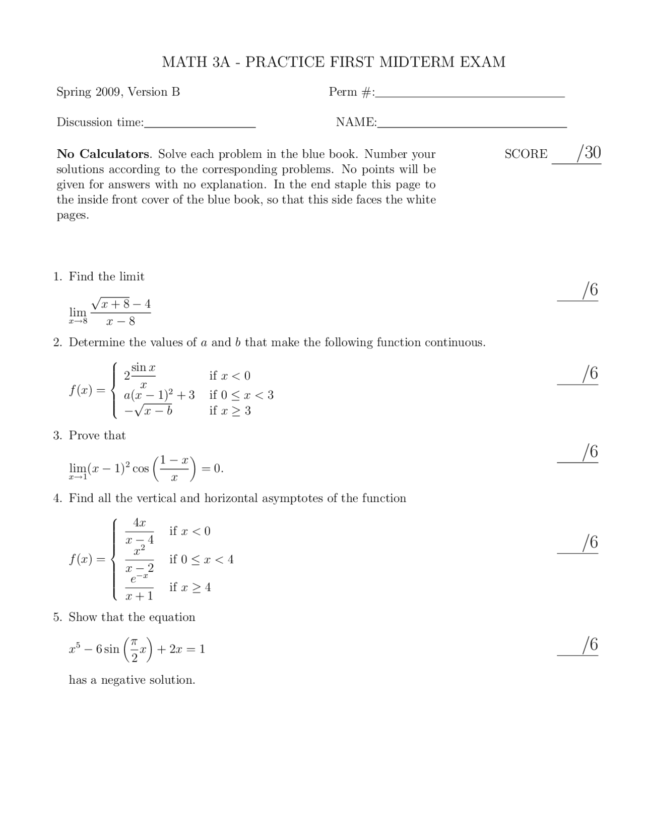 Practice Midterm With Solutions Differential And Integral Calculus I