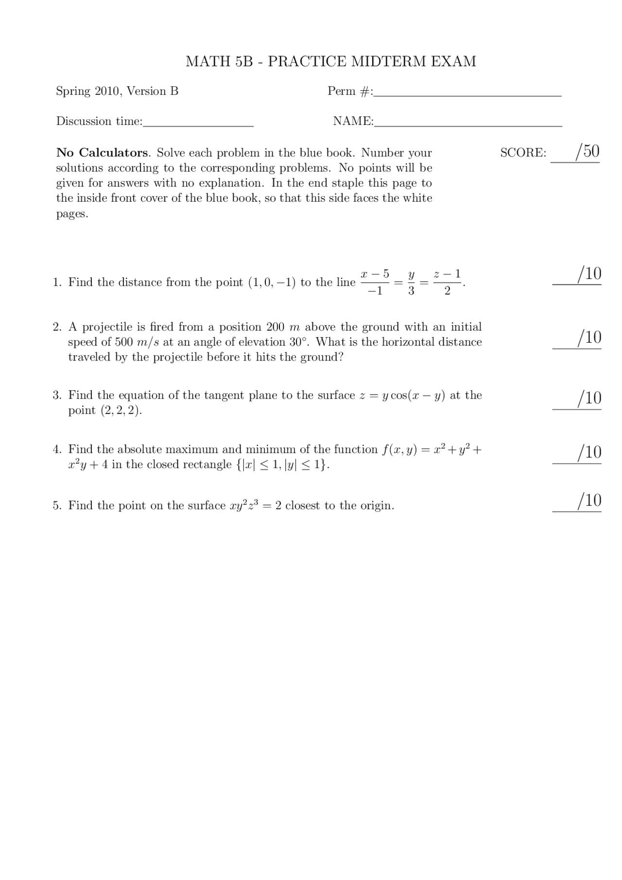 Practice Midterm Exam for Vector Calculus I - Spring 2010 | MATH 5B - Docsity