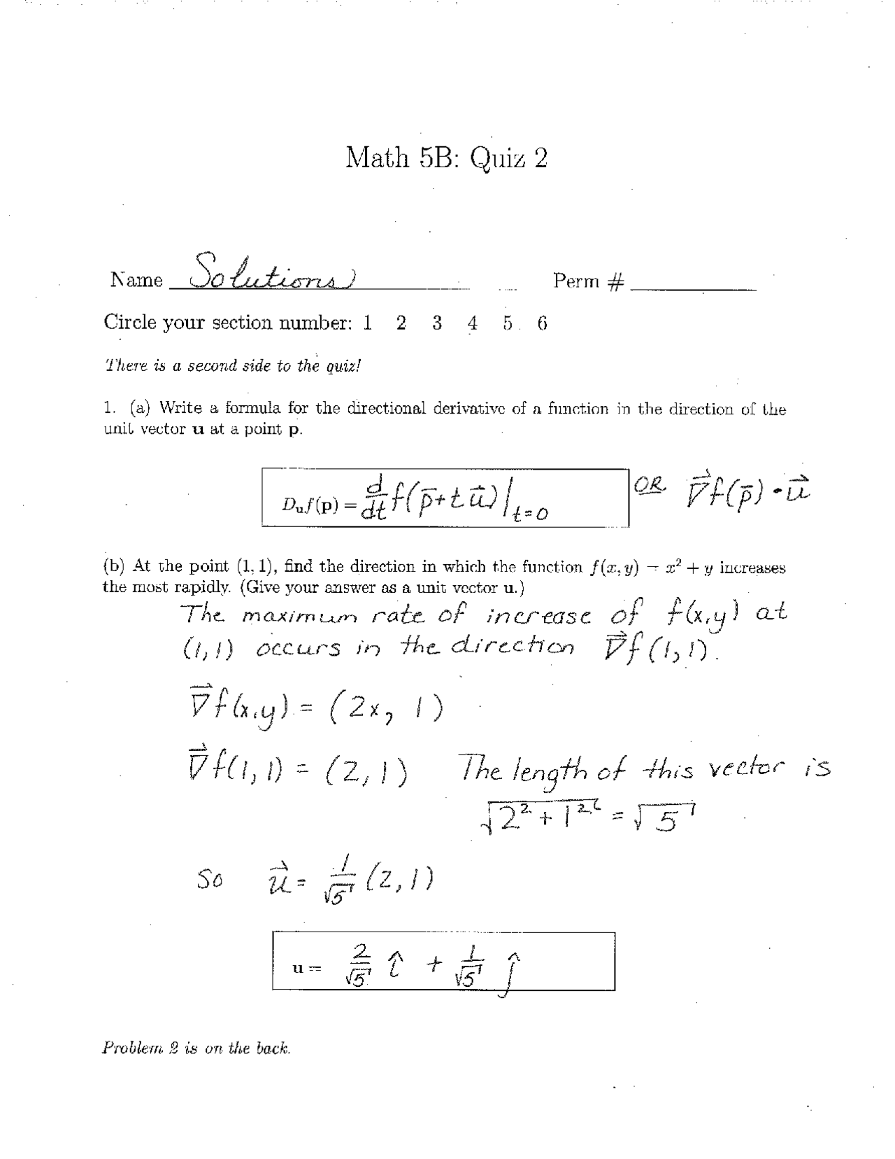 Quiz 2 with Solution for Vector Calculus 1 | MATH 5B - Docsity