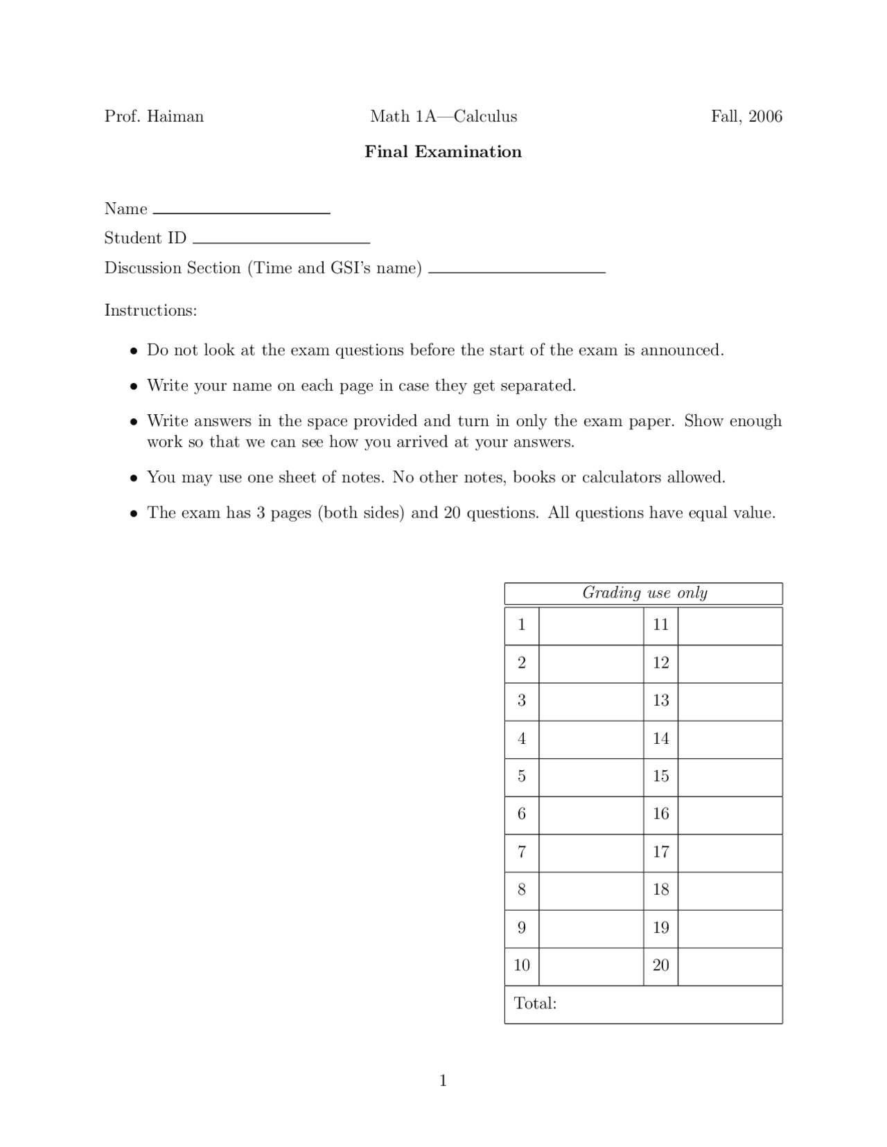 Practice Final Exam Calculus Math 1a Docsity