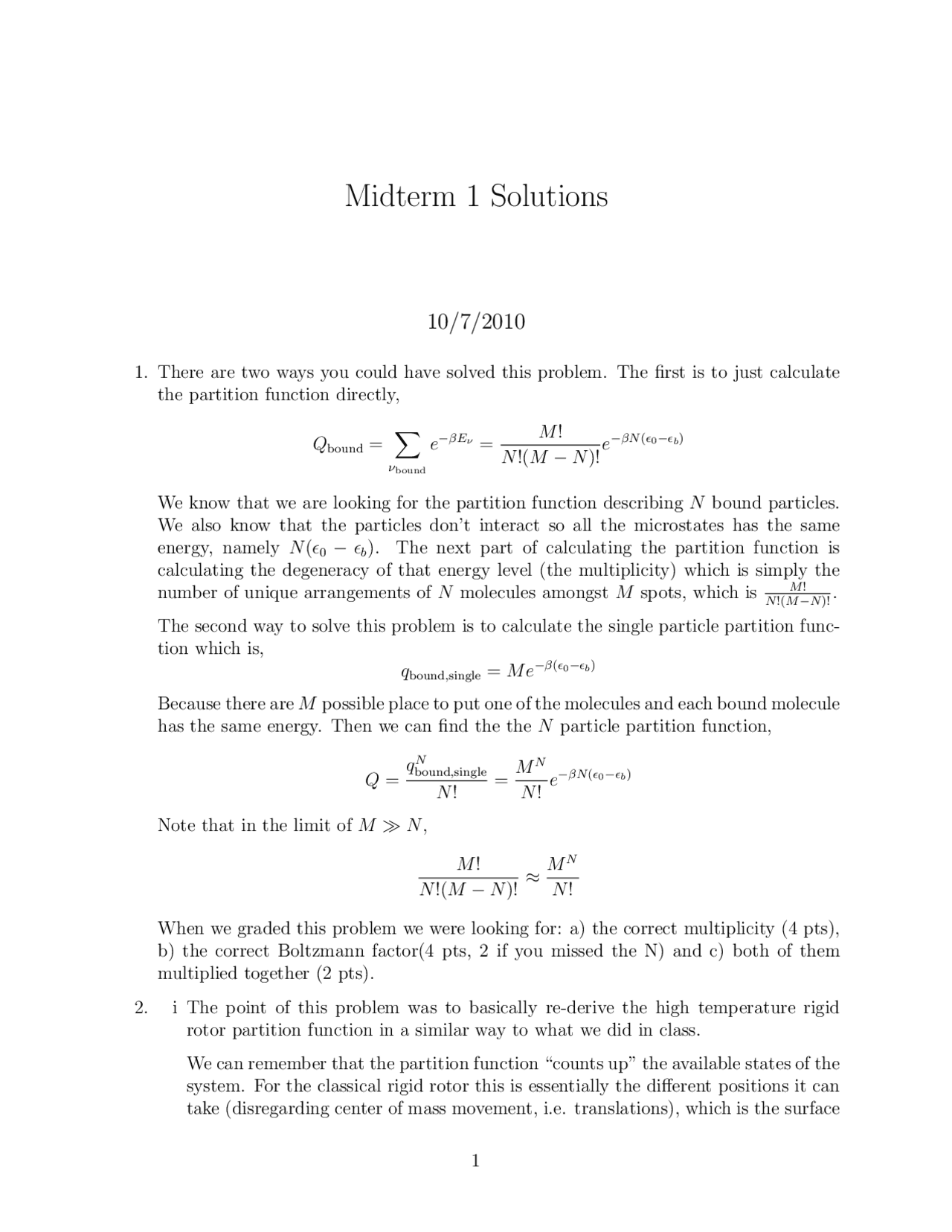 Midterm 1 Solutions for Physical Chemistry | CHEM 120B - Docsity