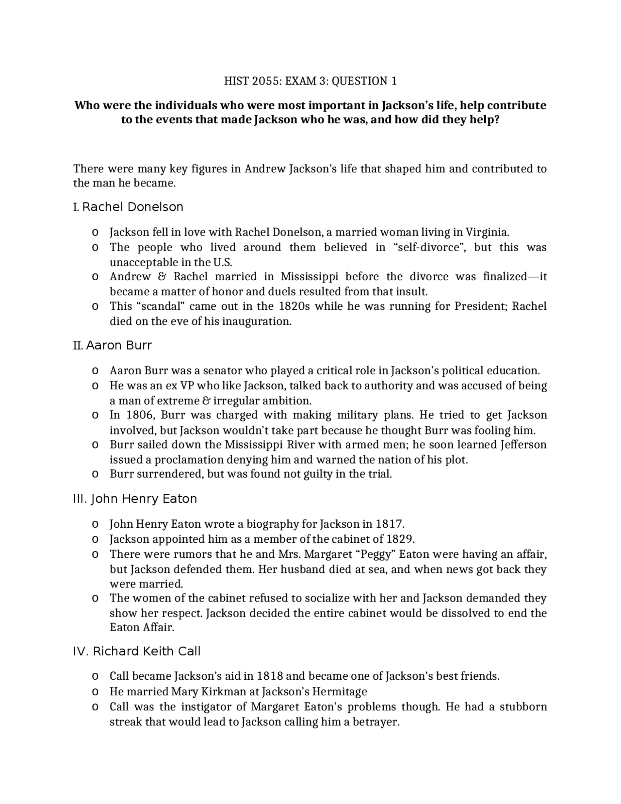Class Notes on Jackson Life - Exam 1 - US to 1865 | HIST 2055 - Docsity
