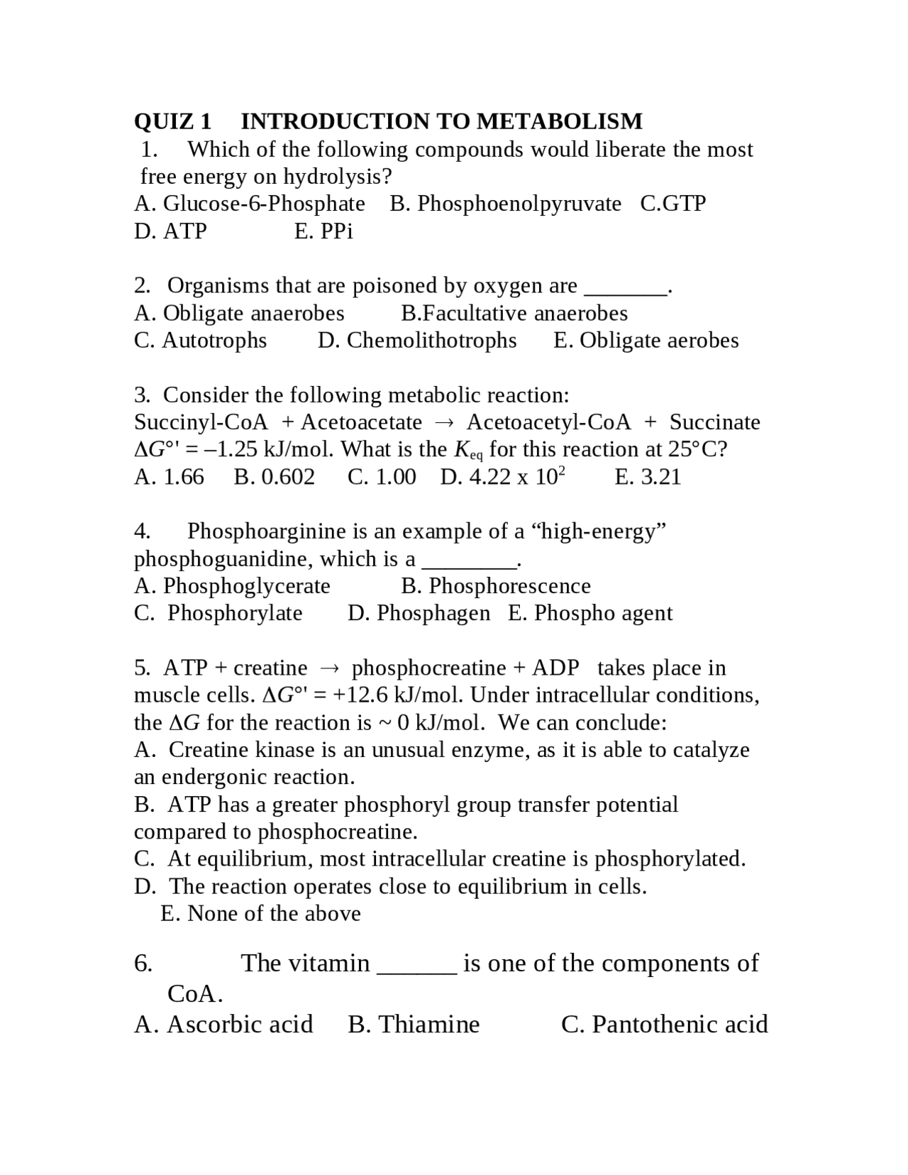 Quiz with Solution for Introduction to Metabolism | CHEM 4510 | Quizzes ...