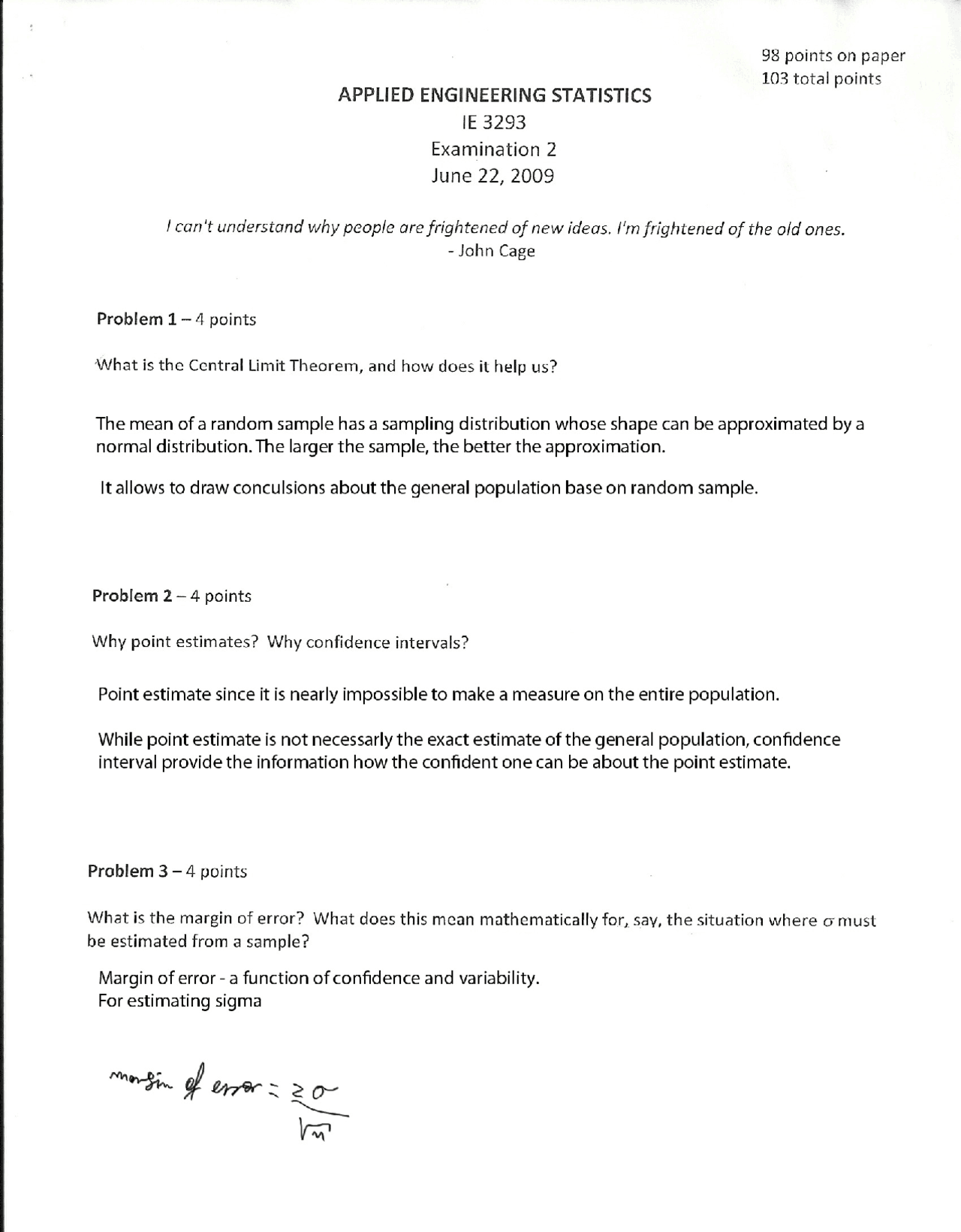 10 Problems with Solution on Applied Engineering Statistics | I E 3293 - Docsity