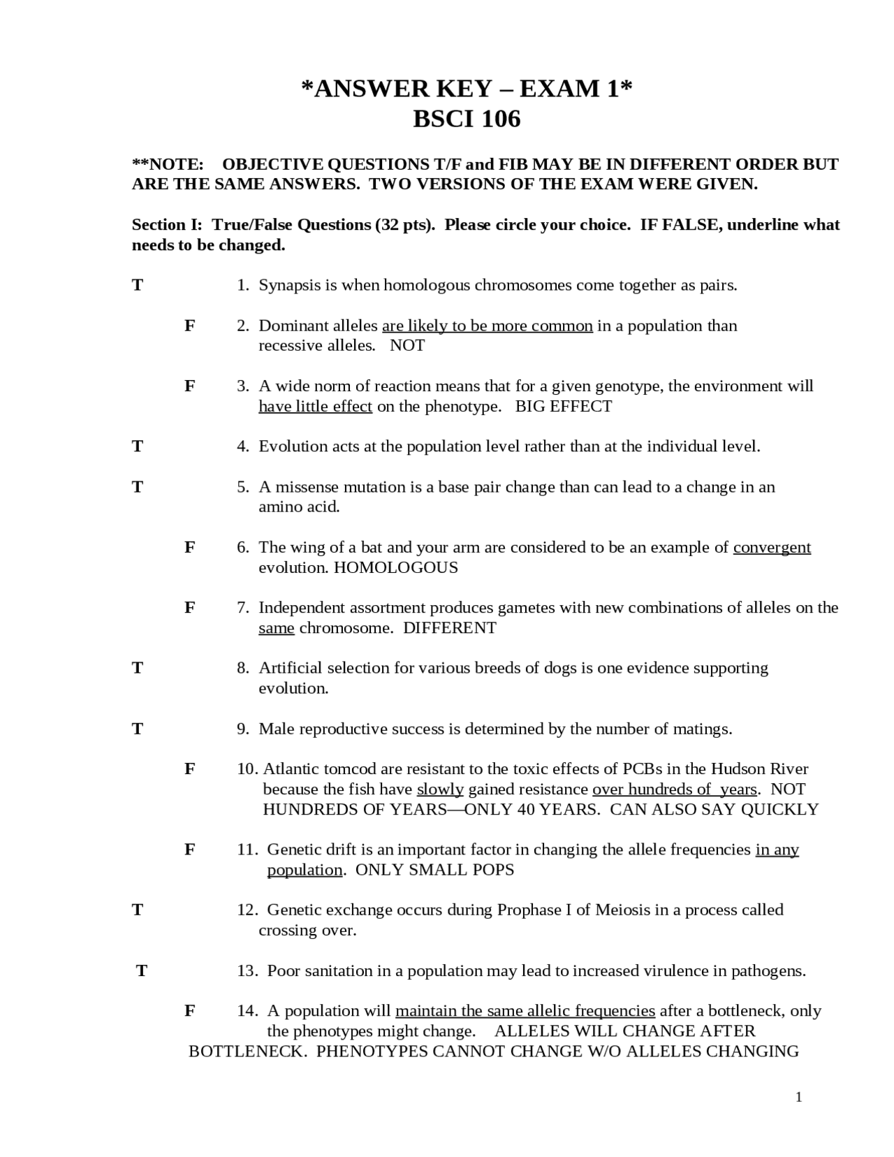 Exam 1 With Answer Key For Principles Of Biology Ii Bsci 106 Docsity