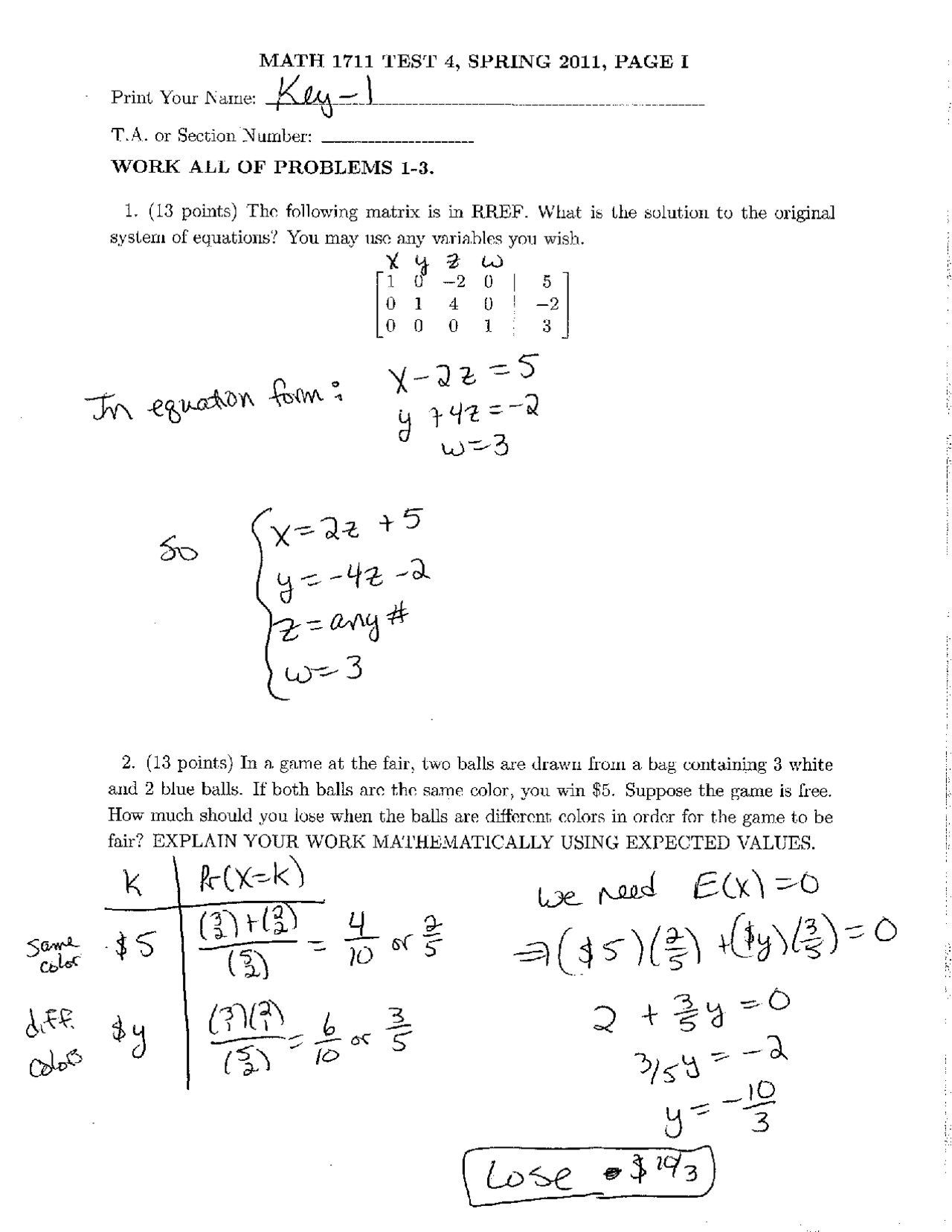 Past Test 4 With Answer Key Finite Mathematics Math 1711 Docsity