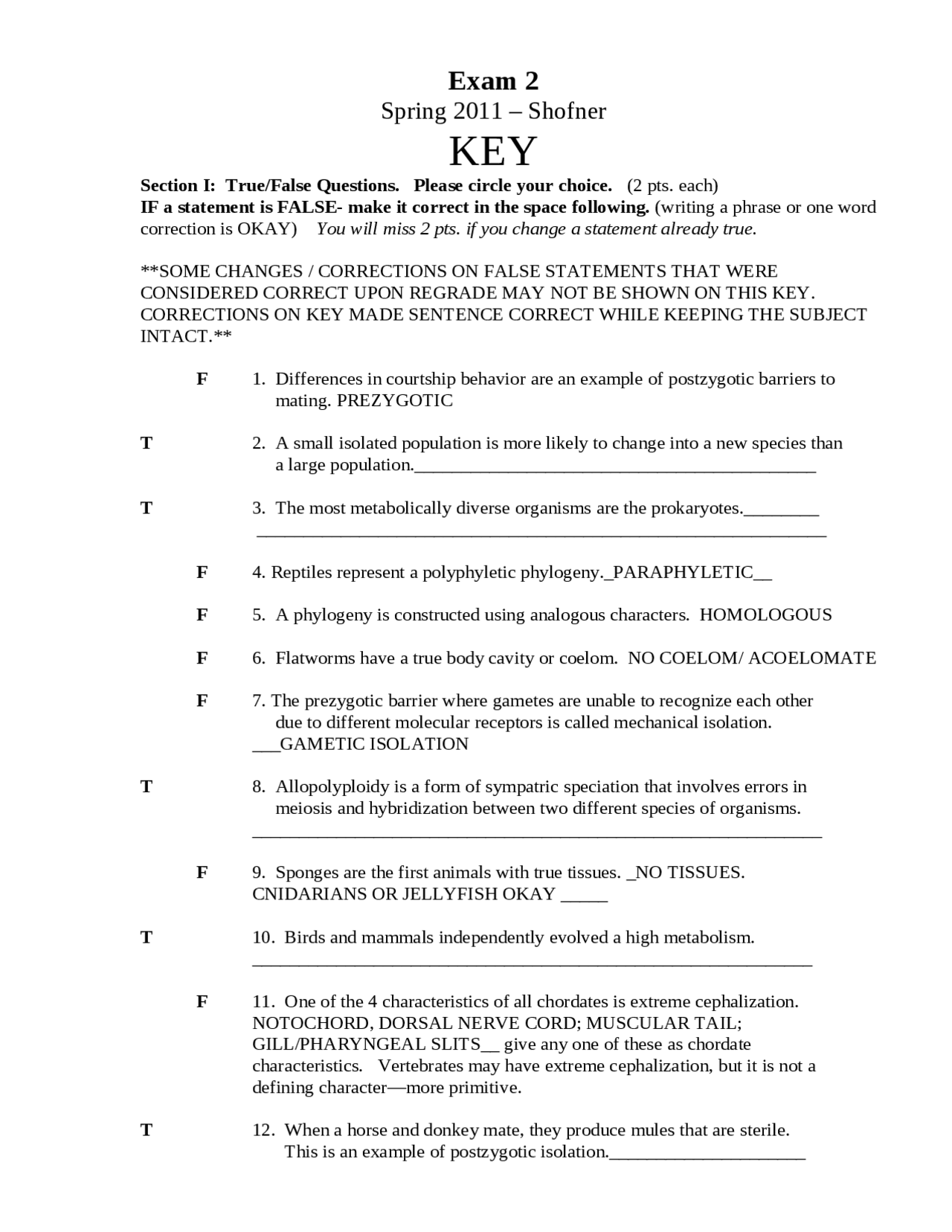 Principle Of Biology I Exam 2 With Solutions Spring 2011 Bsci 106