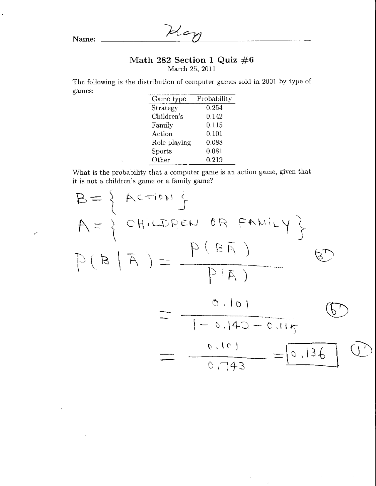 2 Solved Problems In Quiz 6 Introduction To Statistics Math 282