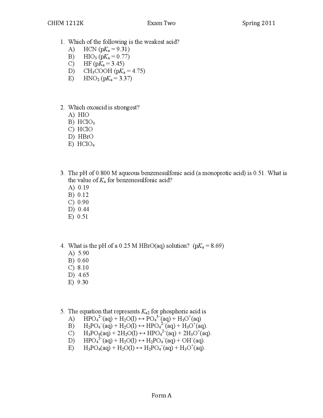 Chemical Principles Ii Exam Spring Chem 1212k Docsity