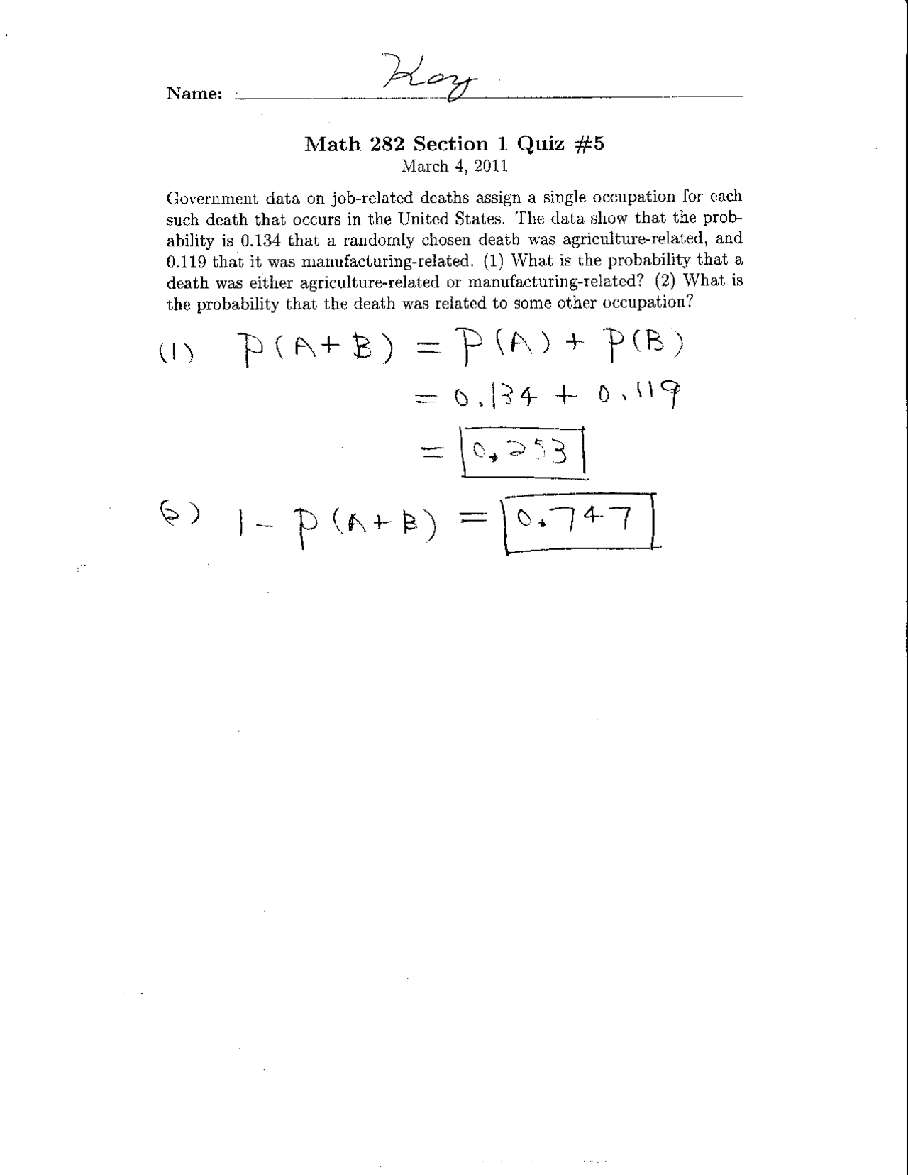 Math 282 Quiz #5: Probability of Occupation-Related Deaths | Quizzes Statistics | Docsity