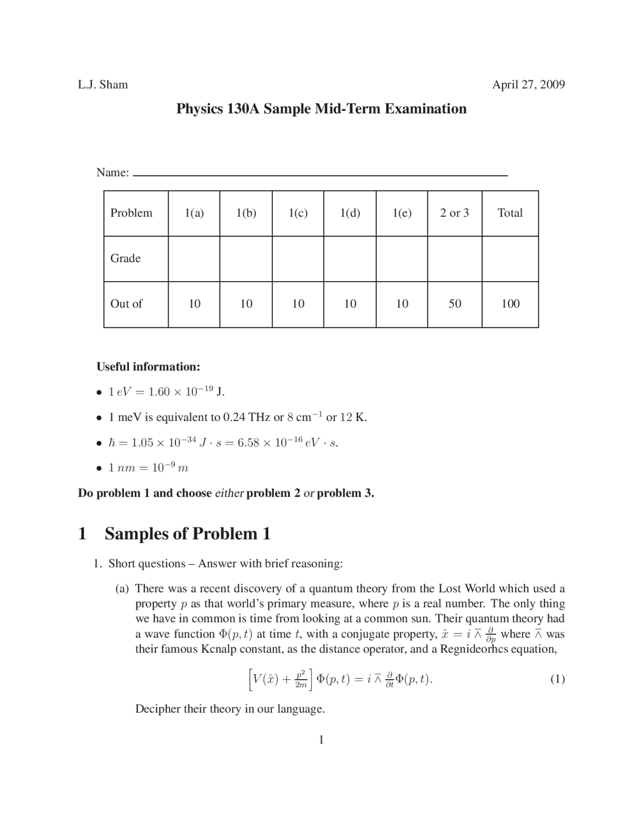Sample Midterm Examination Quantum Physics Phys 130a Docsity