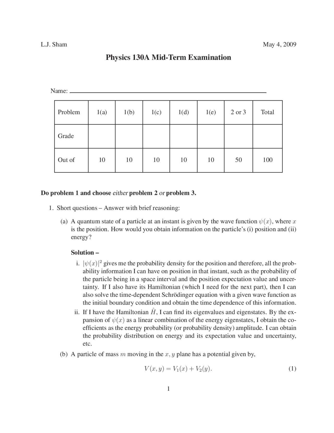 Midterm Examination With Solution Quantum Physics Phys 130a