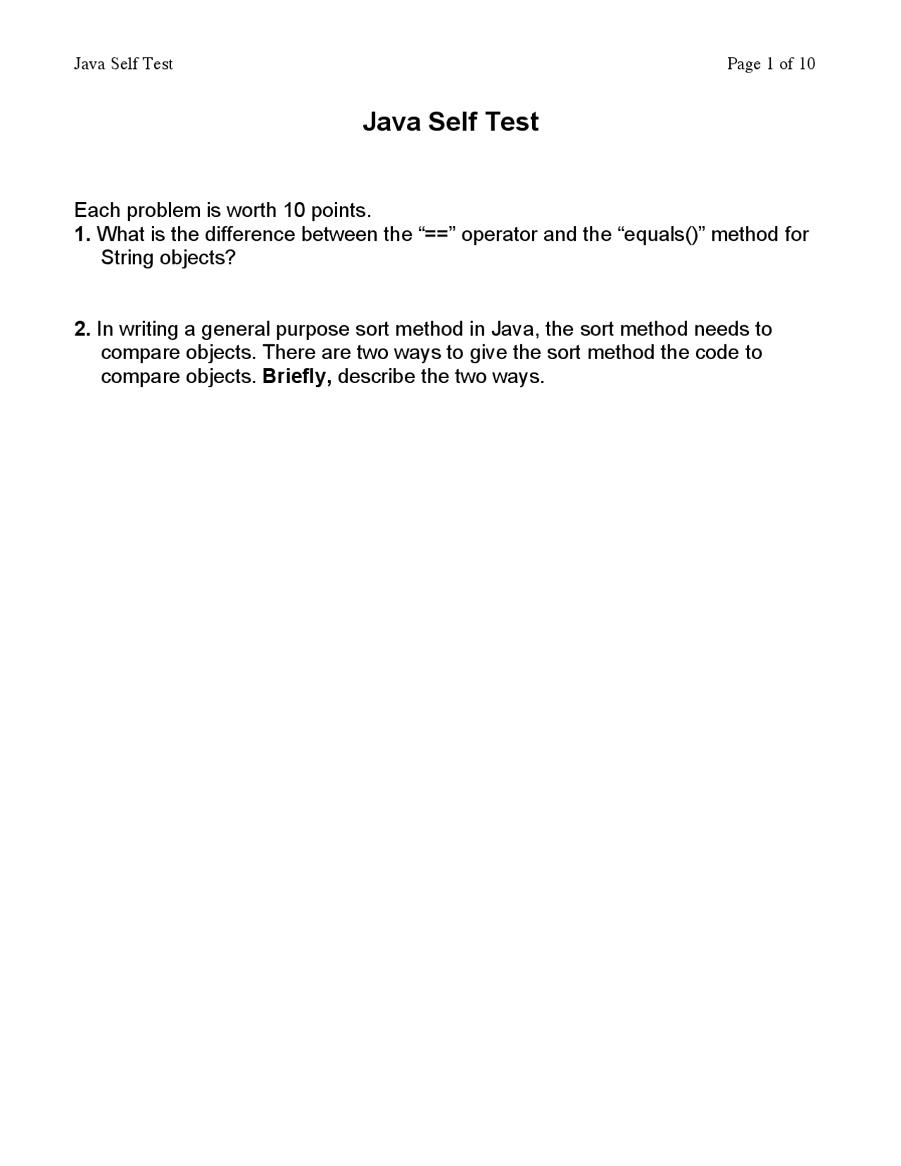 Java Self-Test - Programming Languages | - Docsity