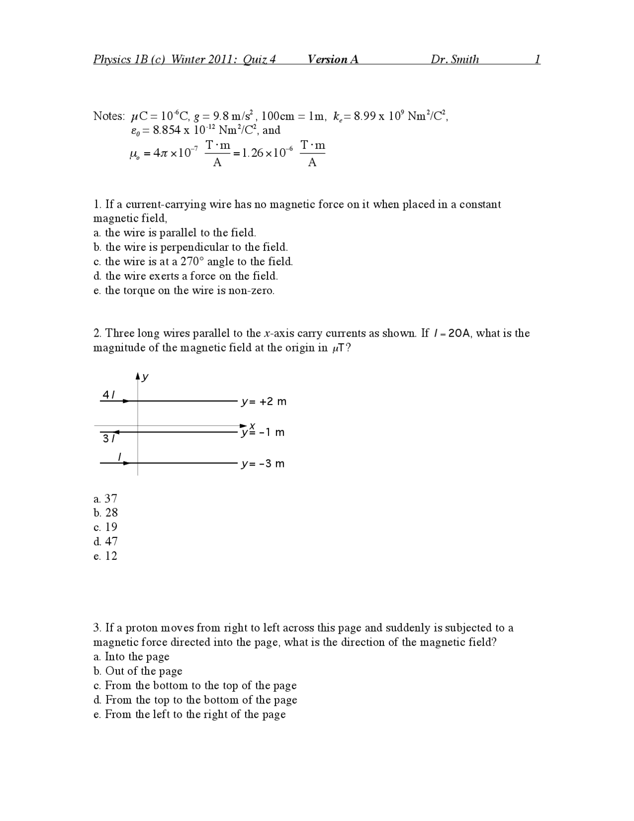Quiz 4 Version A Questions Electricity And Magnetism Phys 1b Docsity