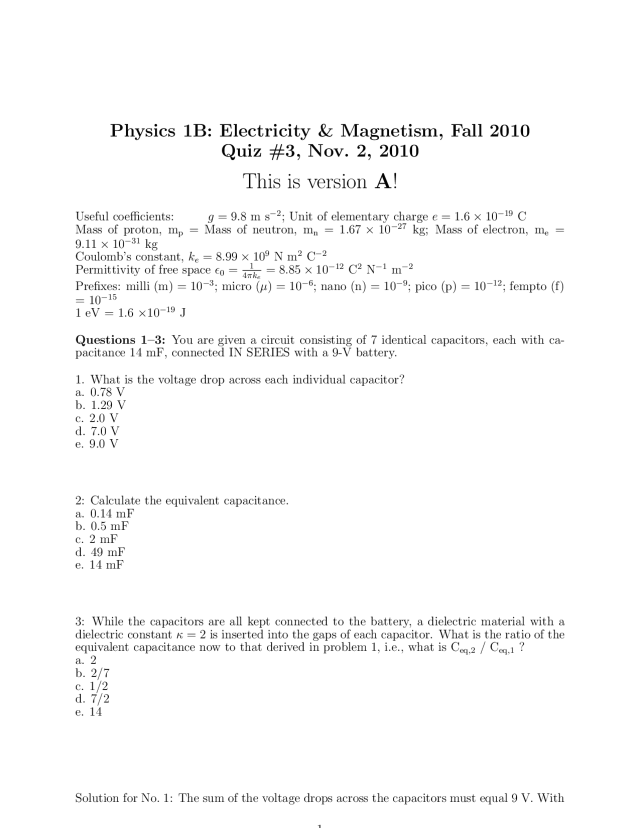 Quiz 3 With Solutions Electricity And Magnetism Phys 1b Docsity