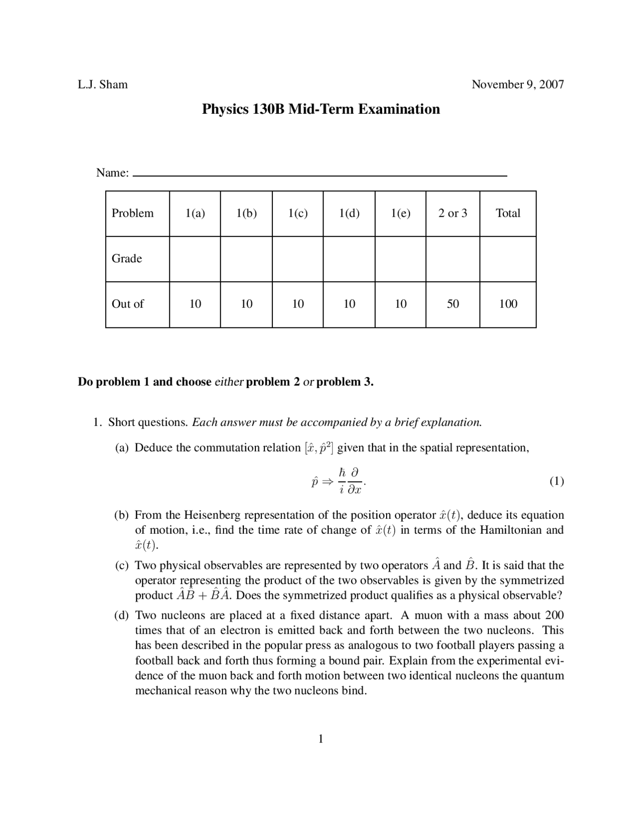 Solutions To Midterm Examination Quantum Physics Phys 130b Docsity
