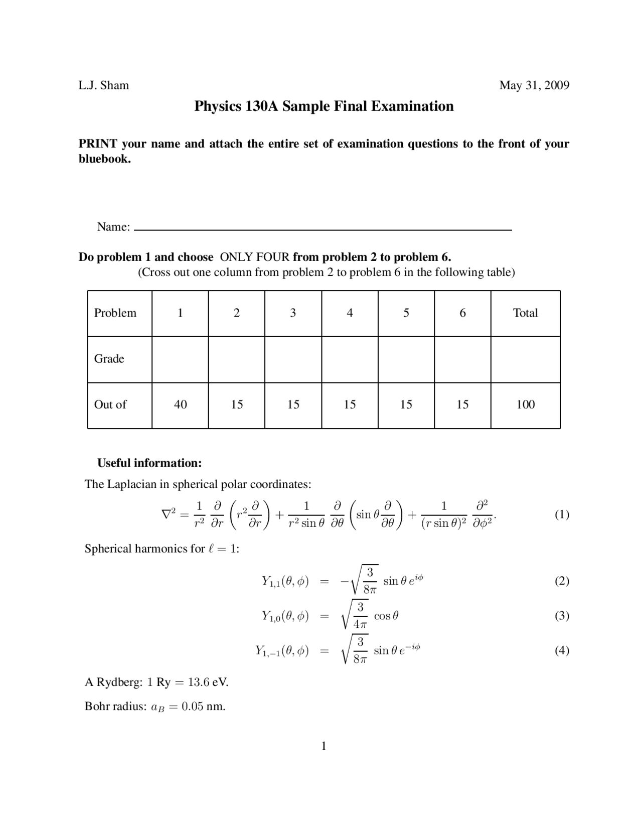3 Questions With Answer Final Exam Quantum Physics Phys 130a Docsity