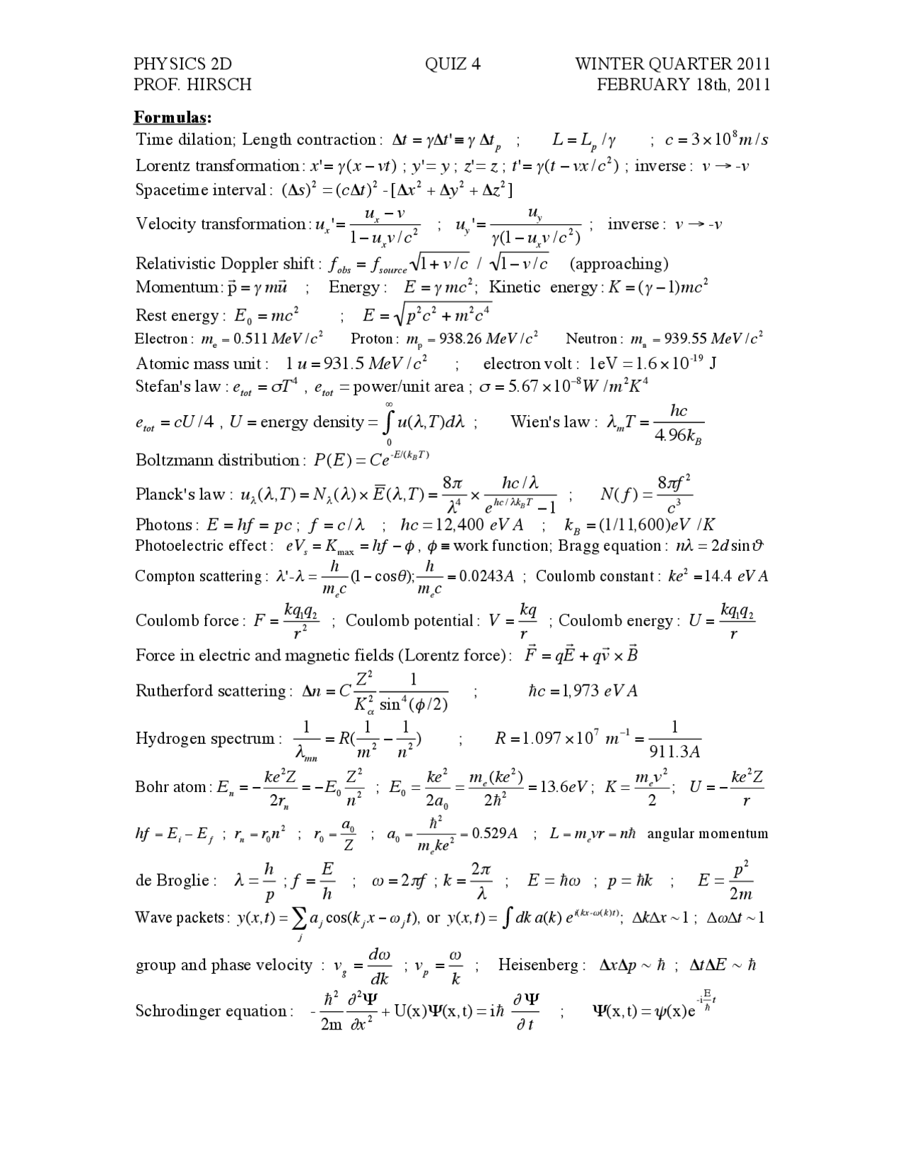Quiz 4 Problems, Cheat Sheet - Physics-Relativity and Quantum Physics ...
