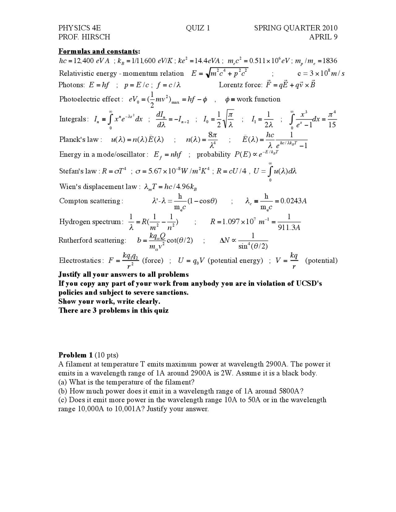 Quiz 1 for Physics Majors-Quantum Physics | PHYS 4E - Docsity