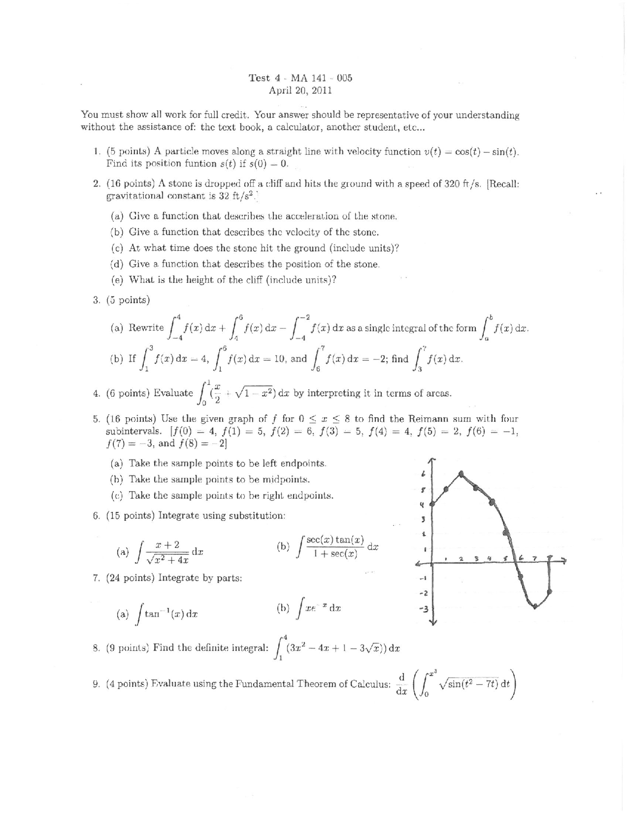 9 Questions Test 4 On Calculus I Ma 141 Docsity