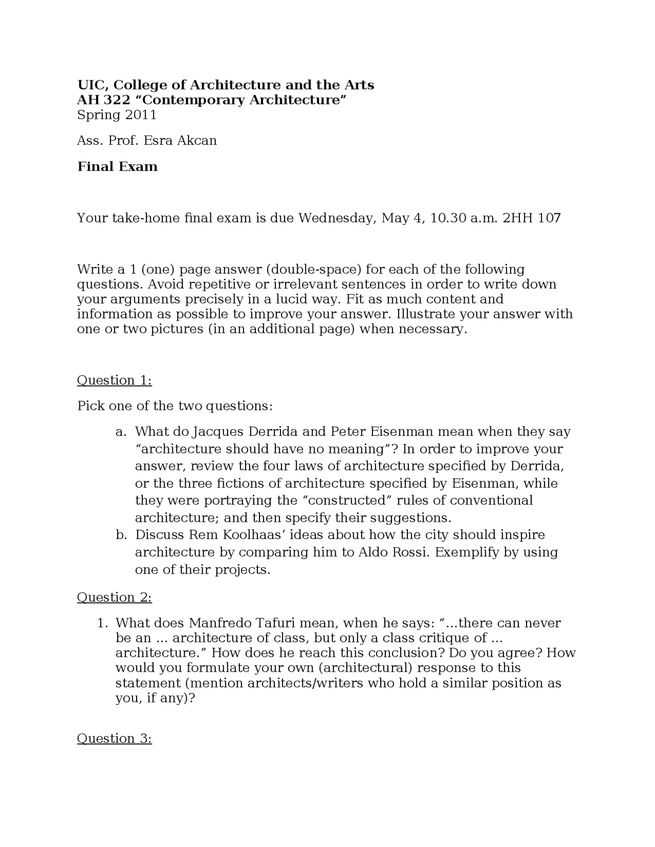 3 Questions on Contemporary Architecture - Final Exam | AH 322 | Exams ...