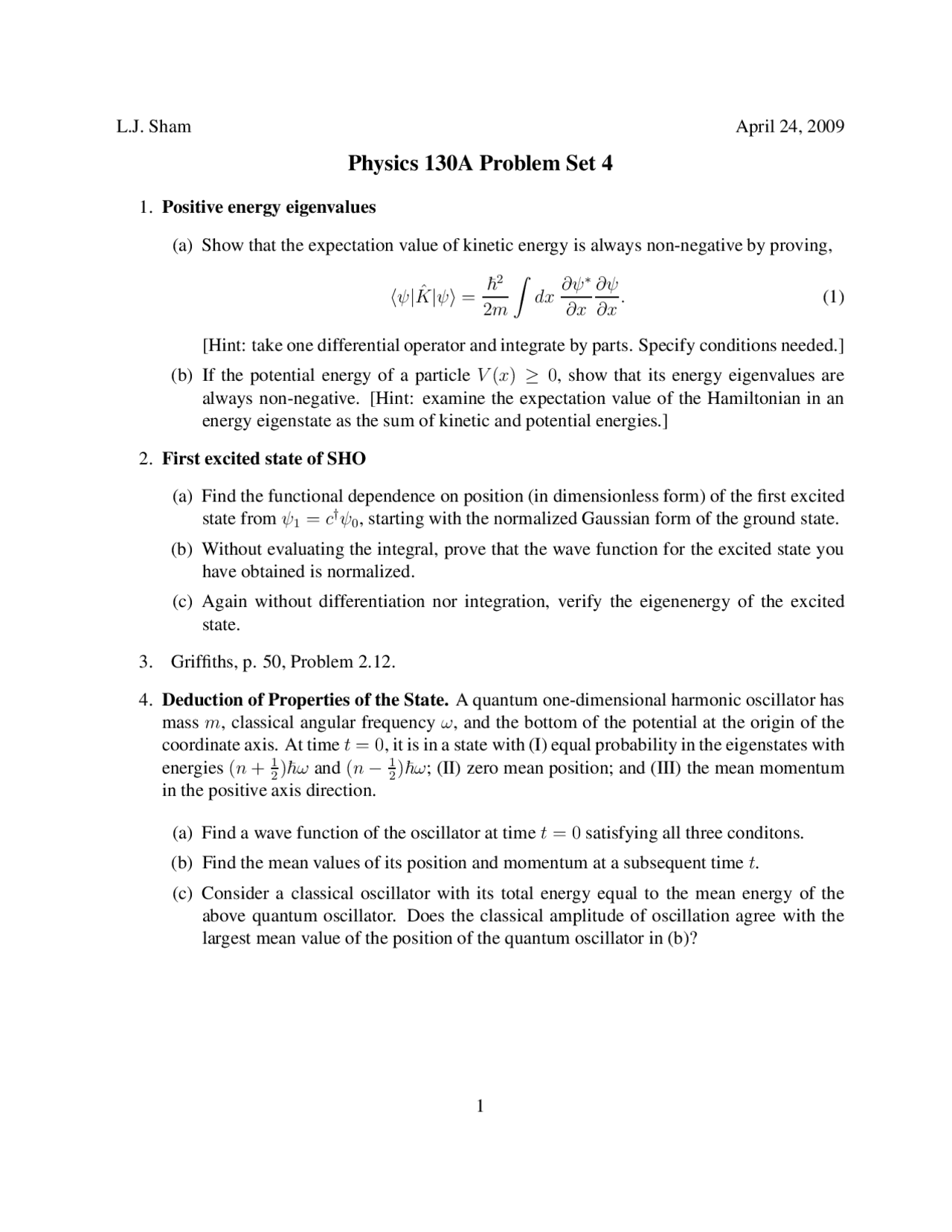 Quantum Physics Problem Set 4 Questions Phys 130a Docsity
