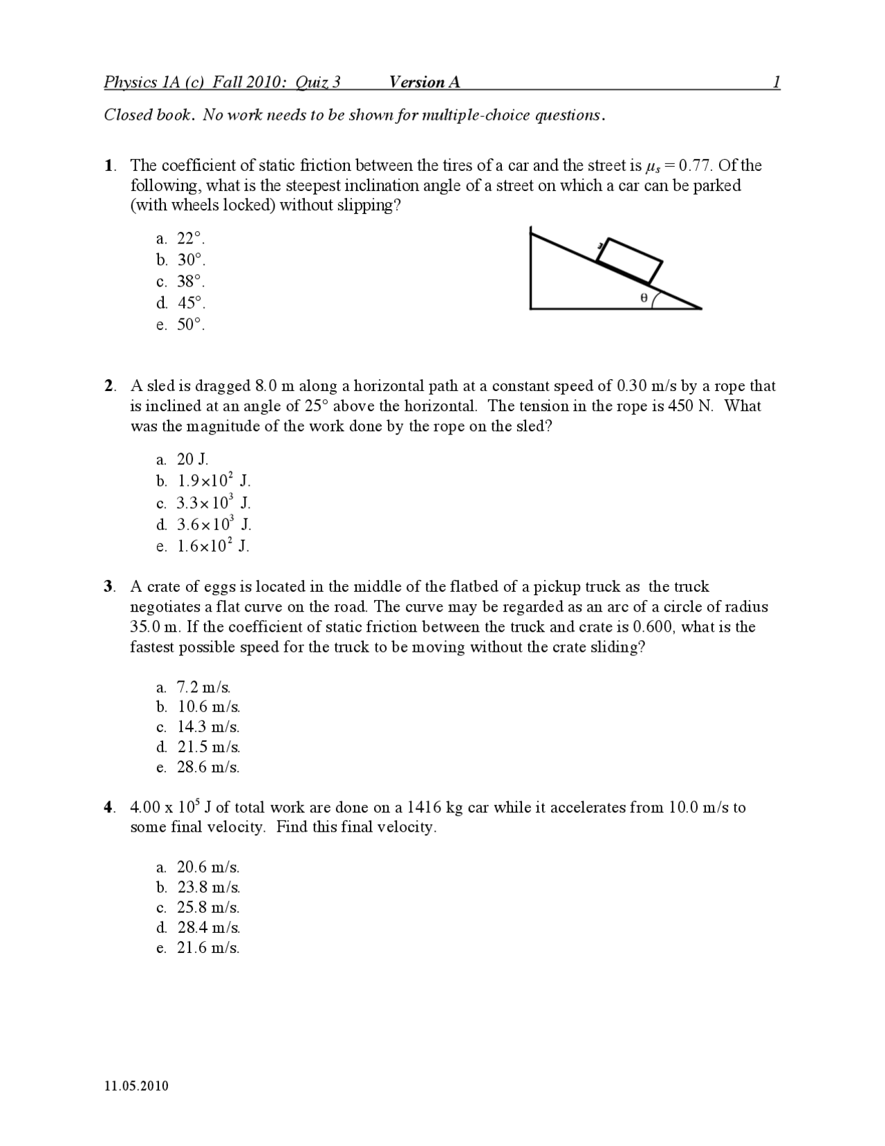 Mechanics - Sample Quiz 3 with Solutions | PHYS 1A - Docsity