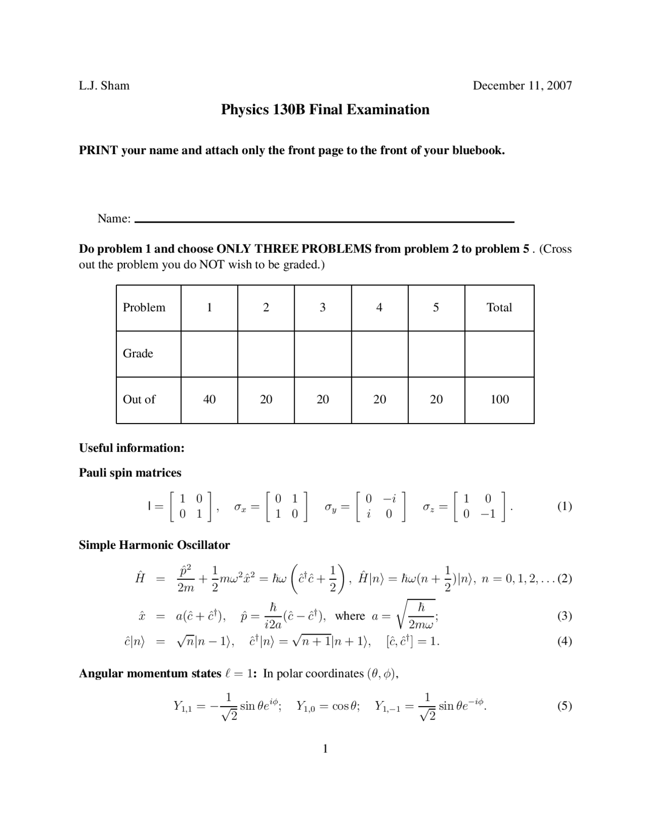 Final Exam for Quantum Physics | PHYS 130B - Docsity