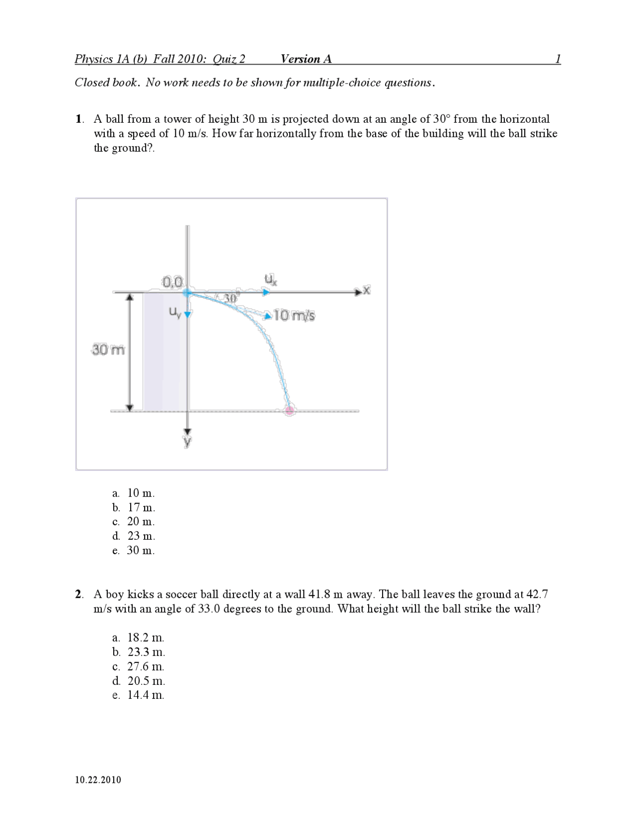 Practice Quiz 2 with Solutions for Mechanics | PHYS 1A - Docsity