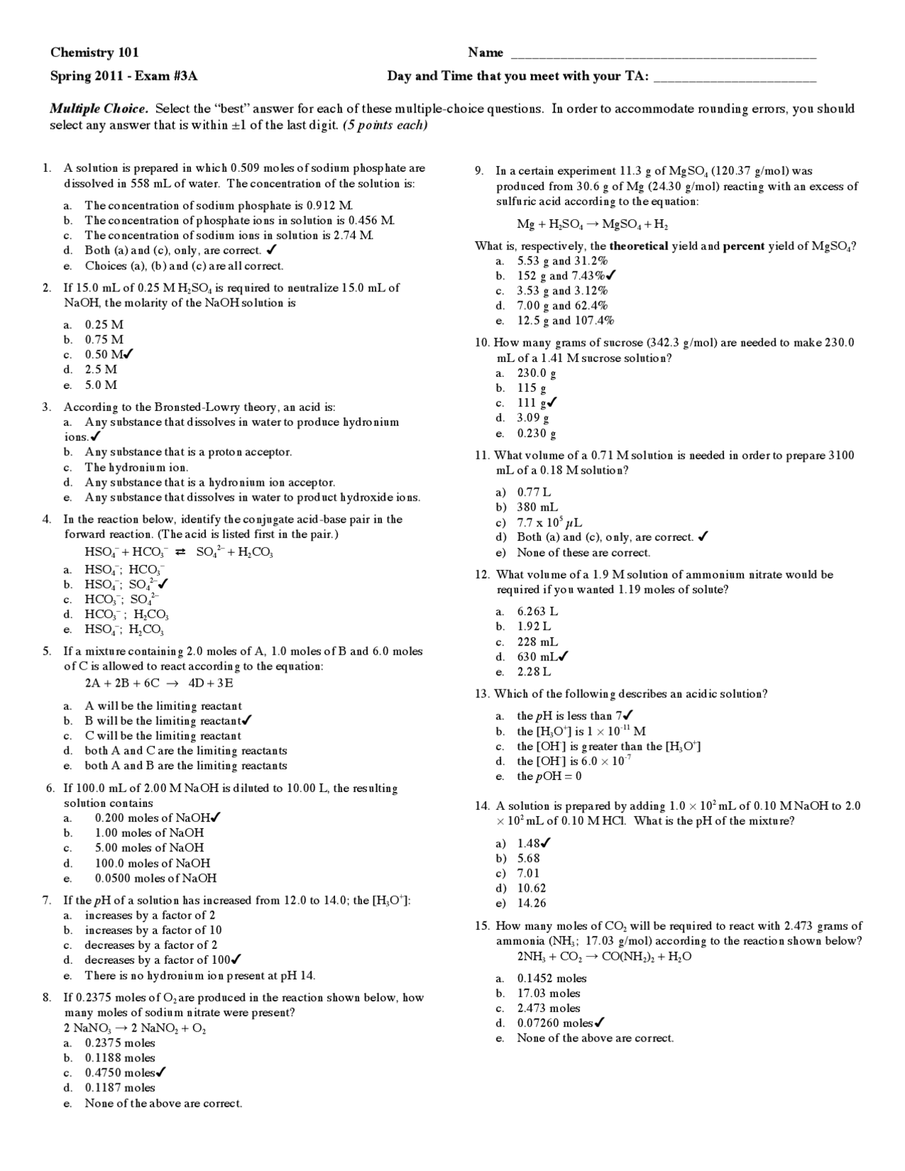 Exam 3 Questions with Answer Key - Preparatory Chemistry | CHEM 101 ...