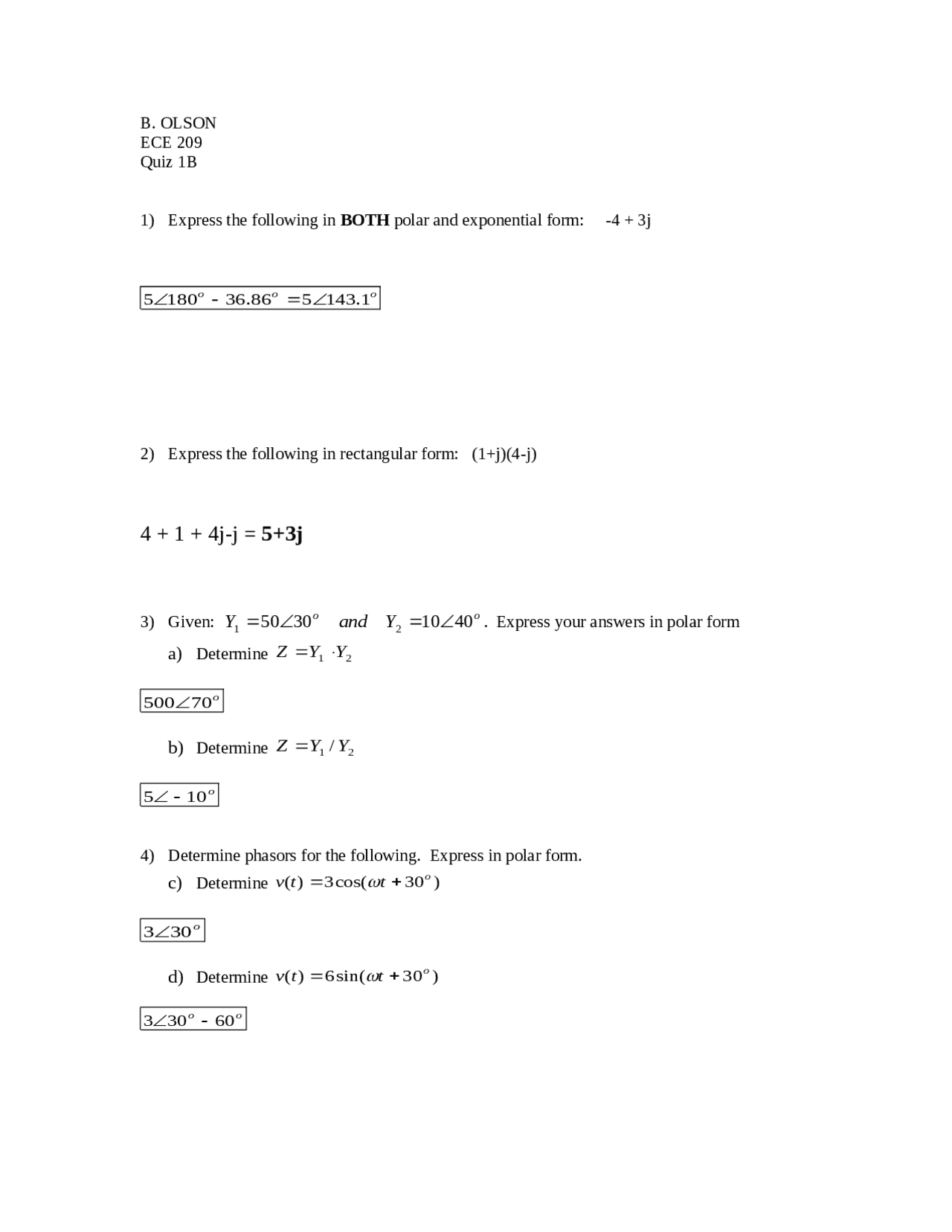Determine Phasors Quiz 1b Network Analysis Ii Ece 209 Docsity