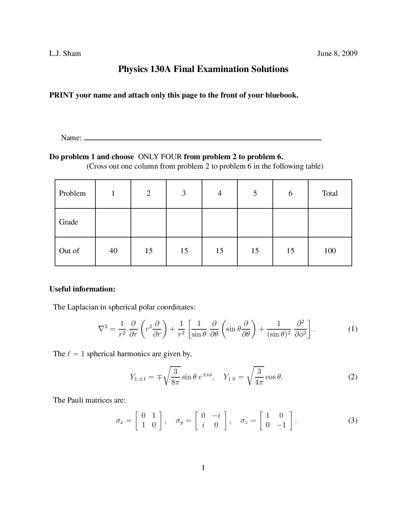 Final Examination With Solutions Quantum Physics Phys 130a Docsity
