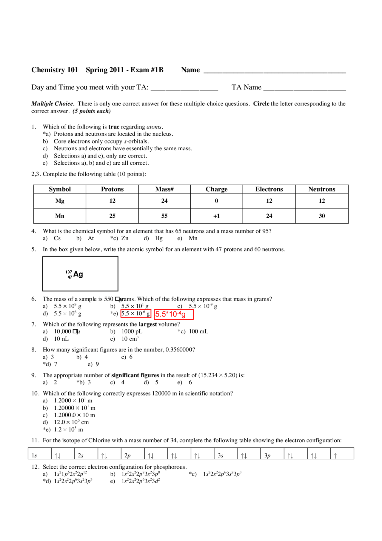 Exam 1 for Preparatory Chemistry - Spring 2011 | CHEM 101 - Docsity