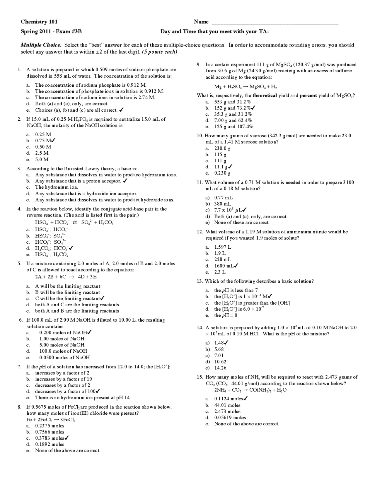 Exam 3B Answer Key - Preparatory Chemistry | CHEM 101 - Docsity