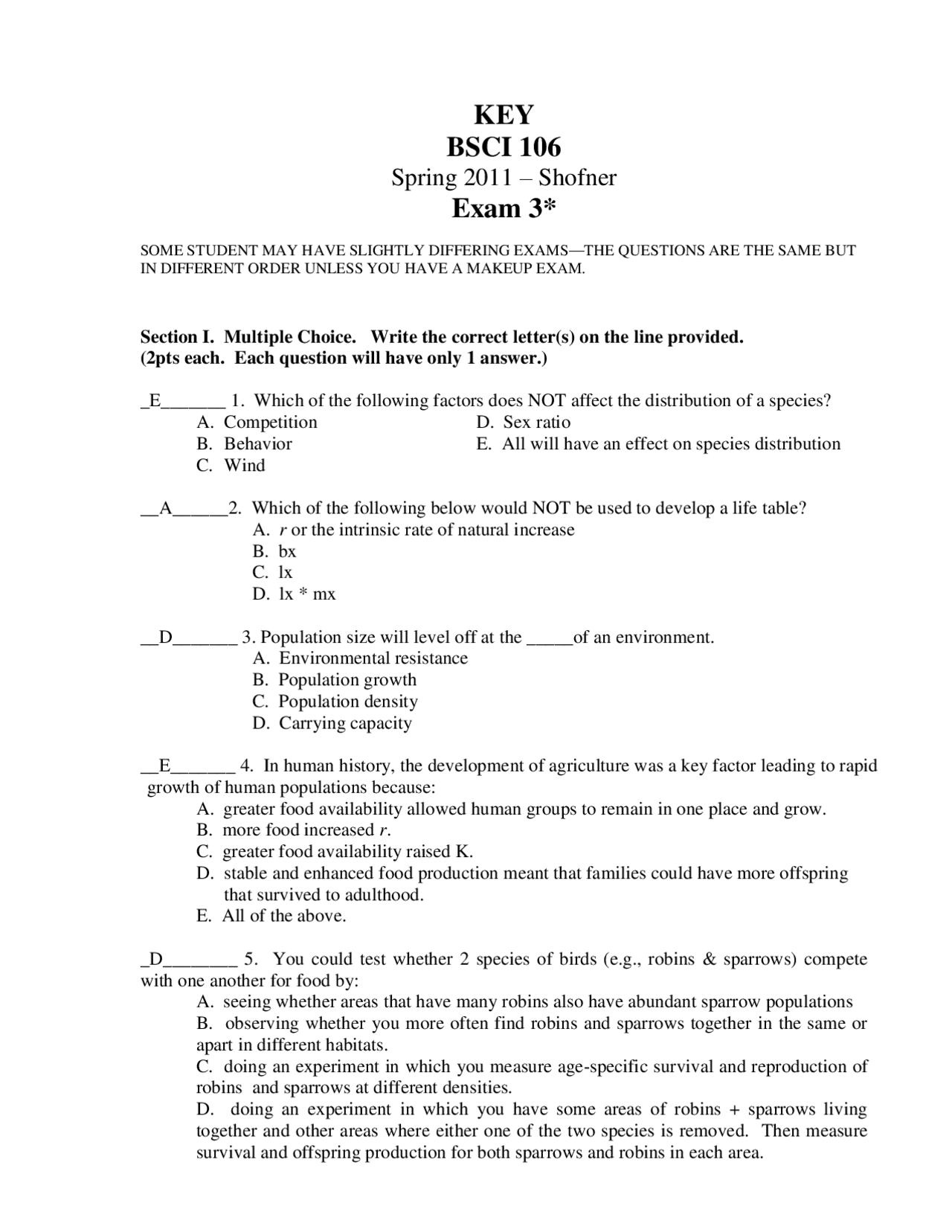 Principles Of Biology Ii Solved Exam 3 Bsci 106 Docsity