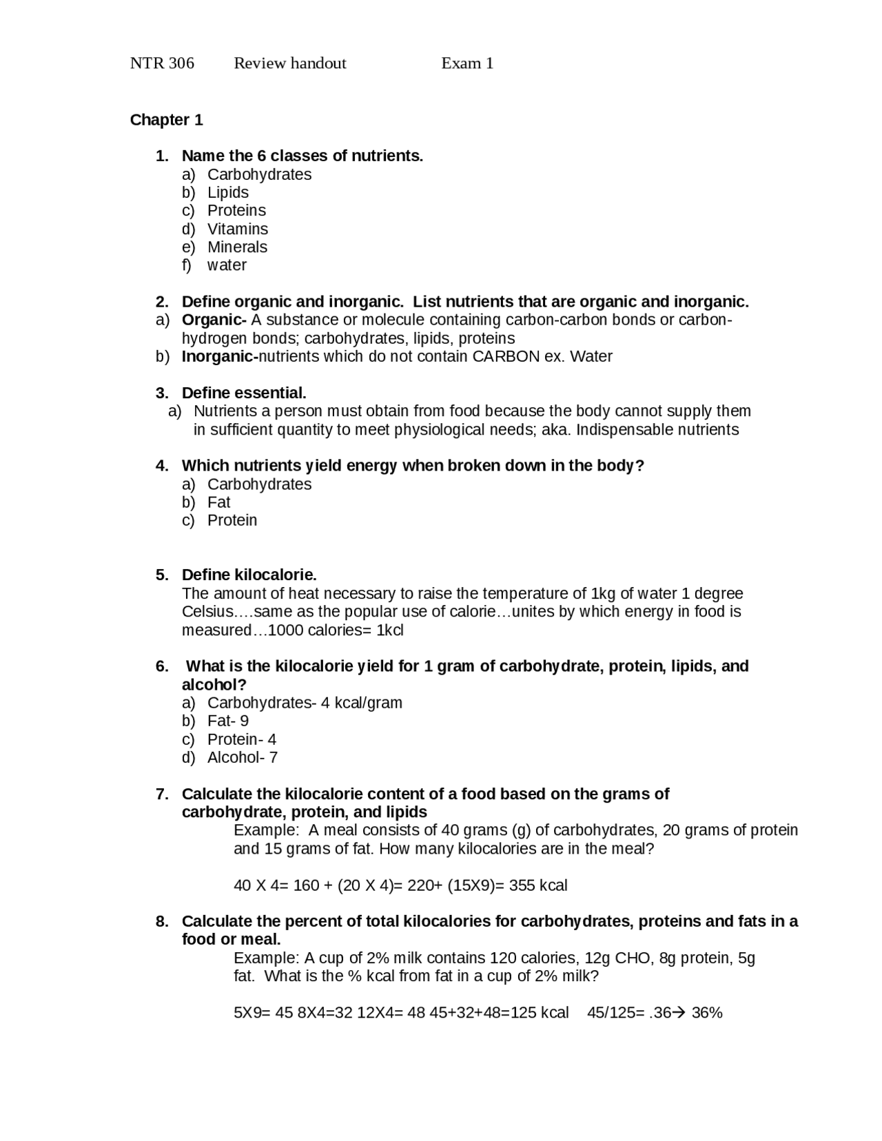 Exam 1 Review For Fundamentals Of Nutrition Ntr 306 Docsity