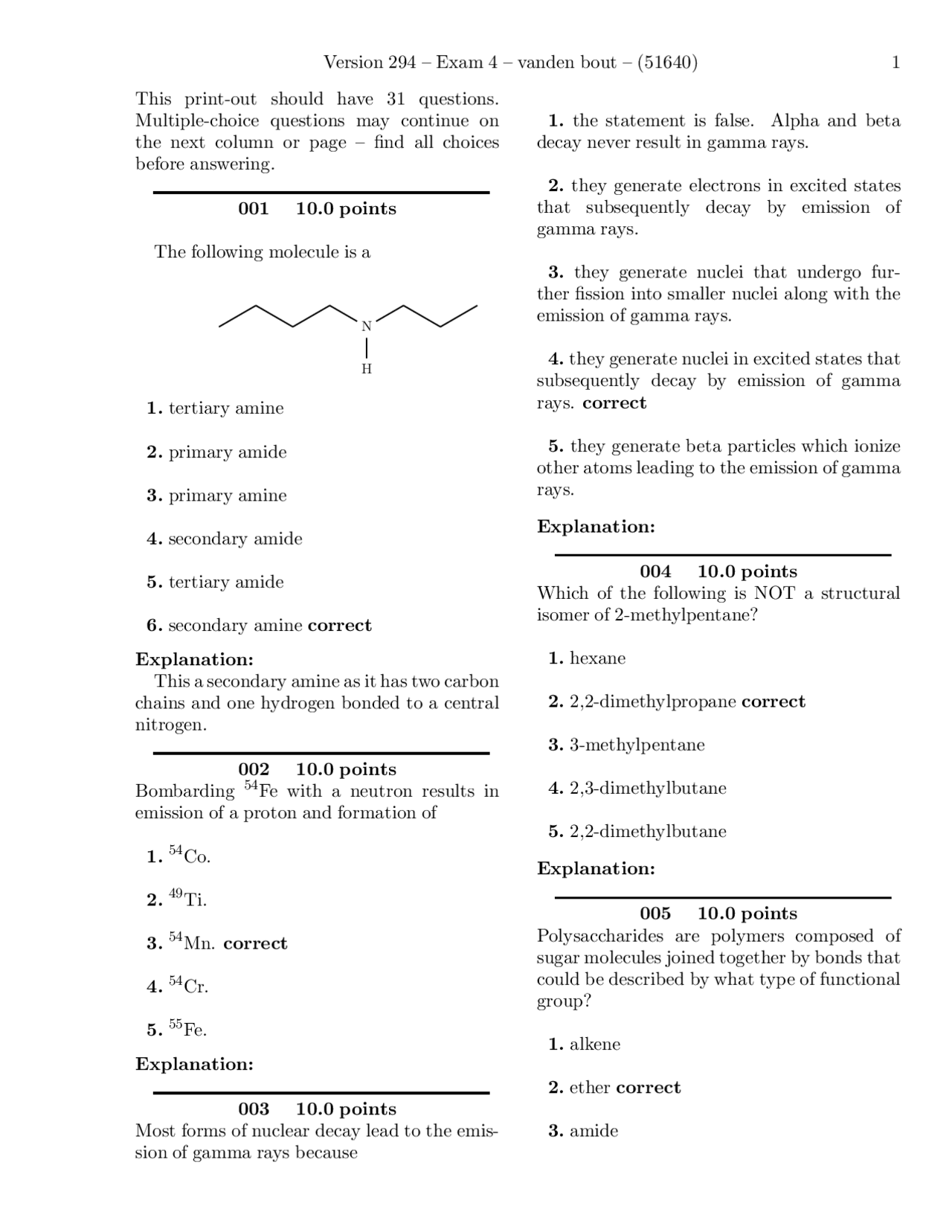Solved Multiple Choice Questions on Chemistry - Exam 4 | CH 302 - Docsity