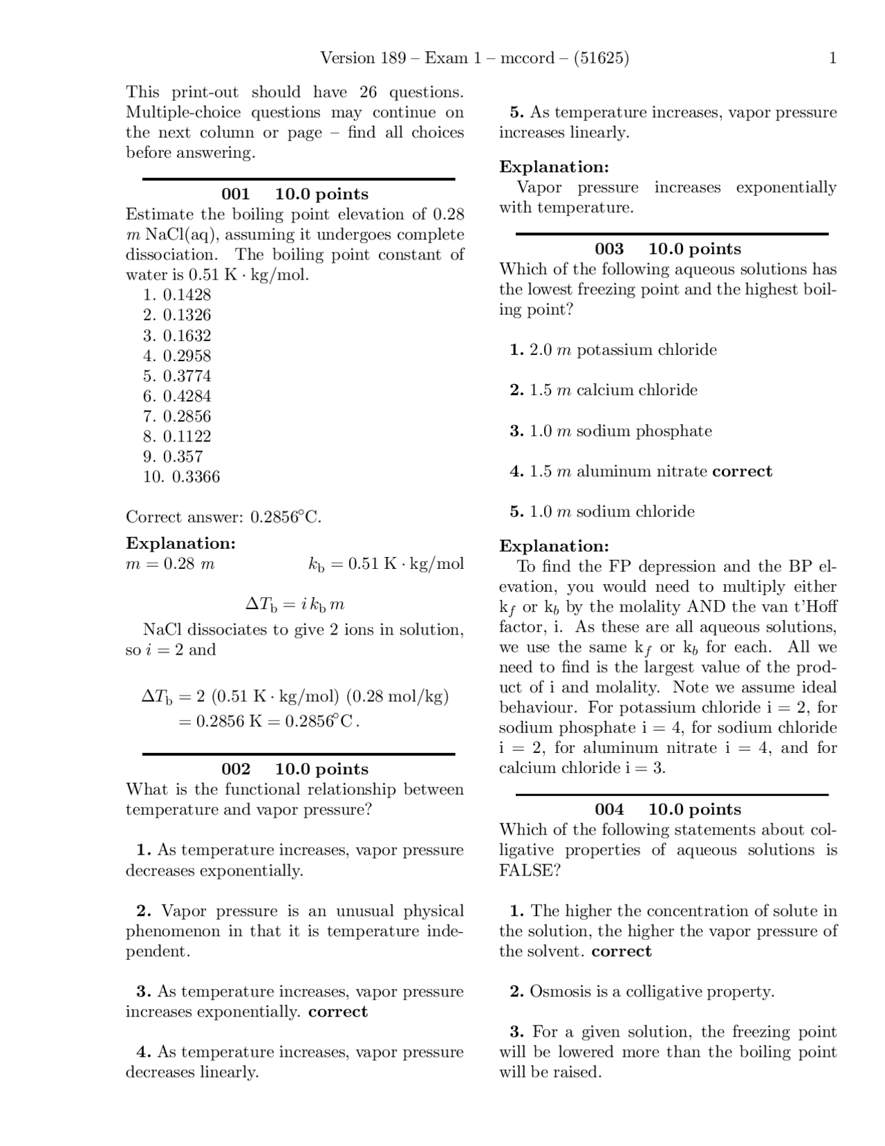 Solved Exam I Principles Of Chemistry Ii Ch 302 Docsity