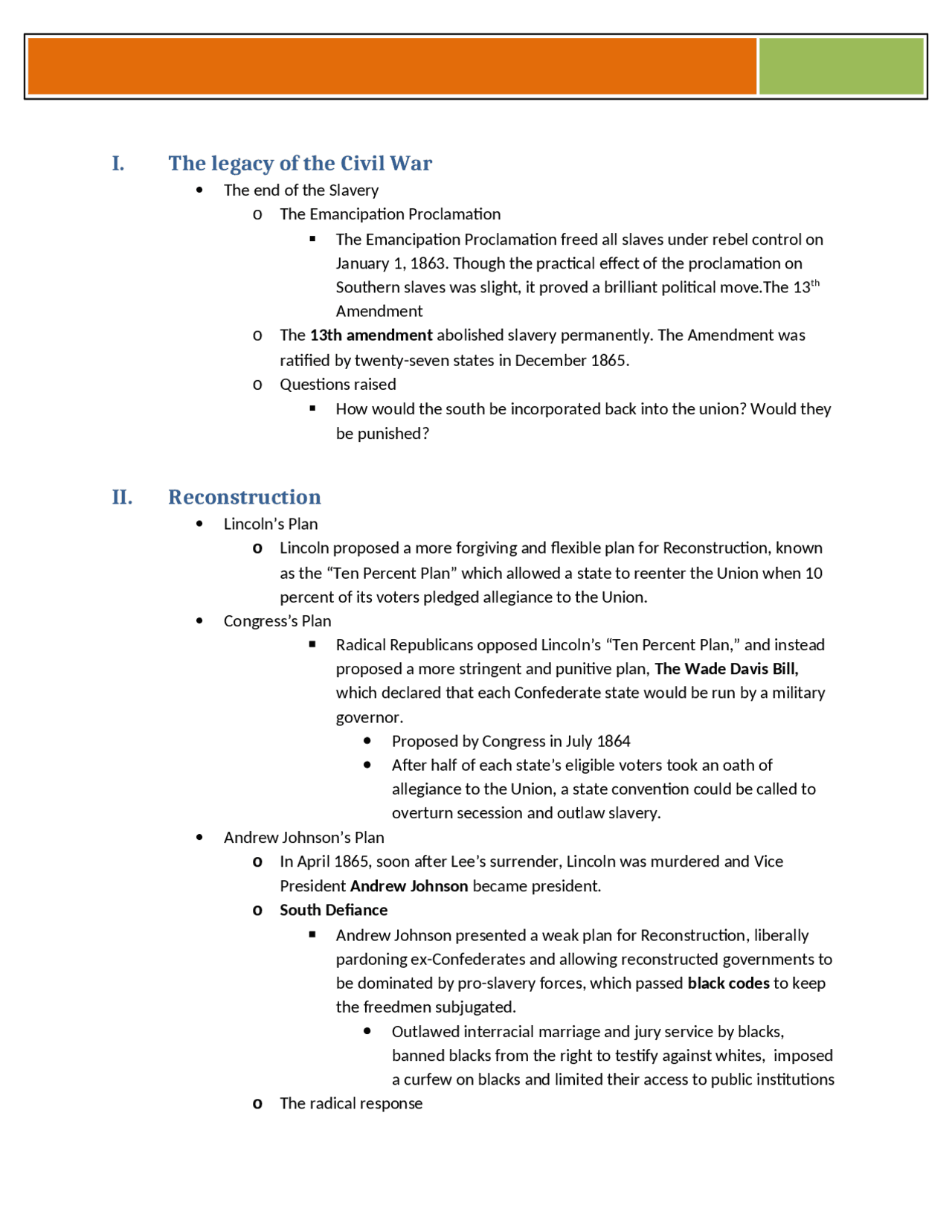 Lecture Slides on the Legacy of Civil War | HIS 315L - Docsity