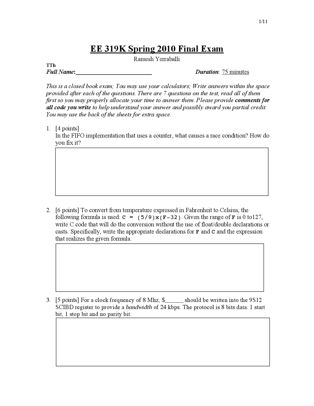 Final Exam Introduction To Embedded Systems E E 319k Exams