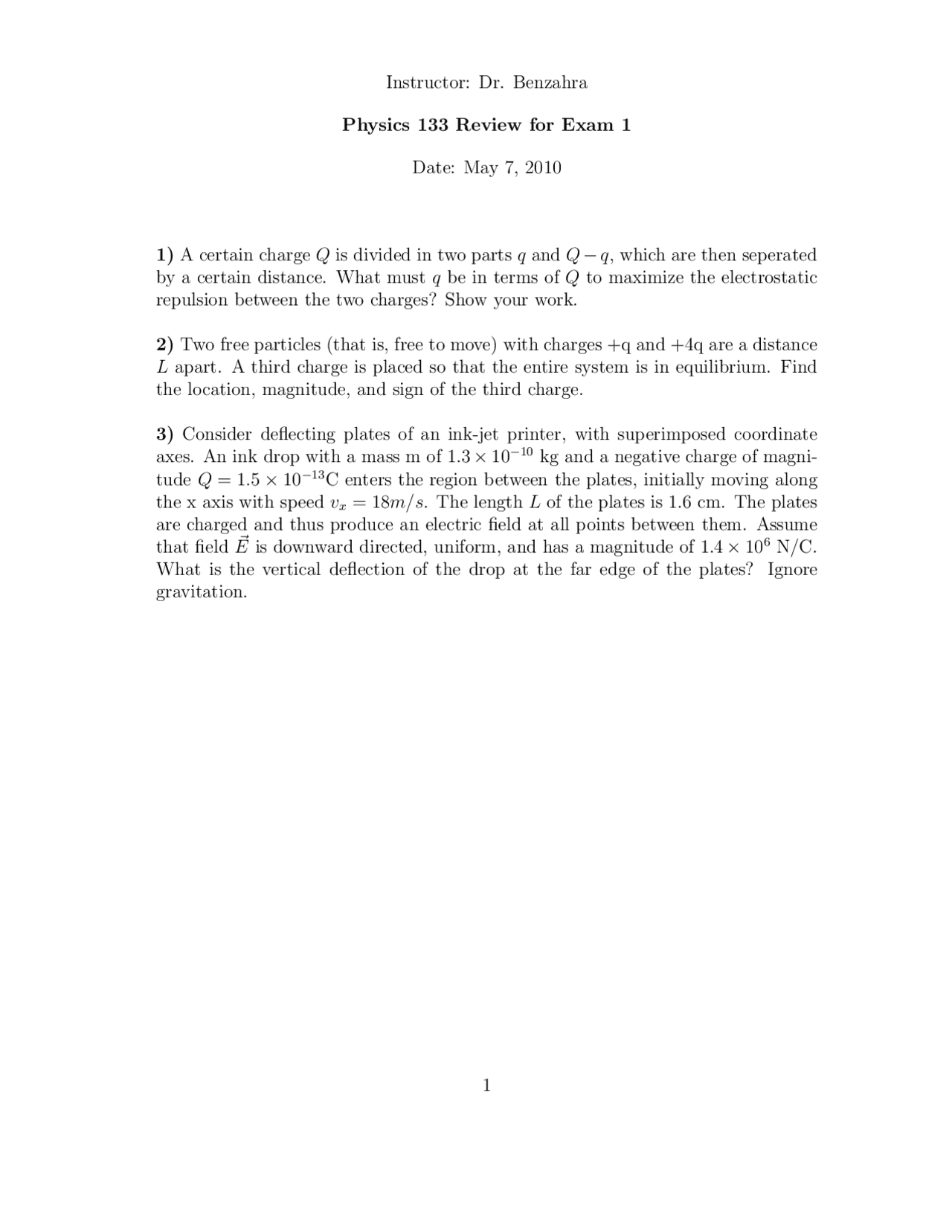 College Physics - Test 1 Review | PHY 123 - Docsity