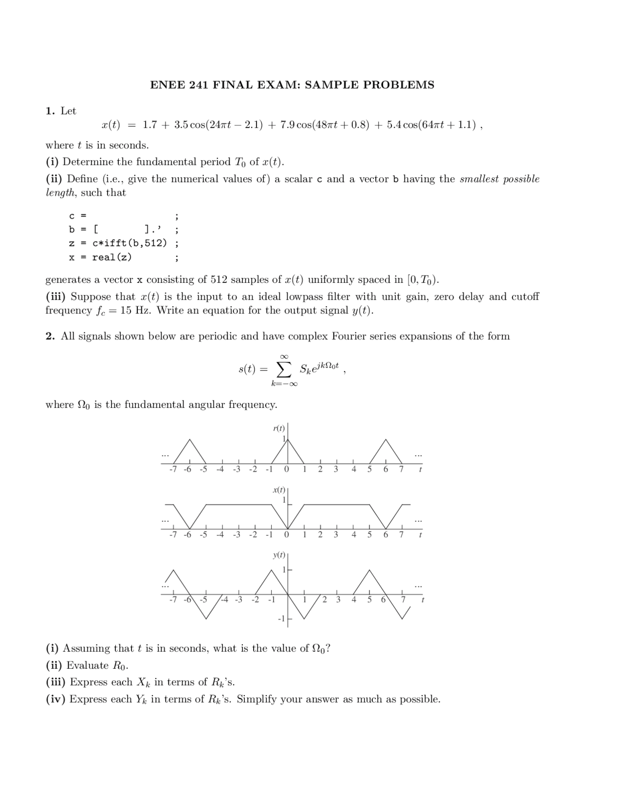Final Exam Sample Problems Numerical Techniques In Engineering Enee