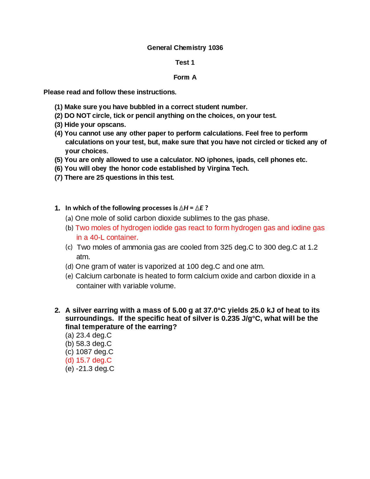 Test 1 with Solution - General Chemistry | CHEM 1036 - Docsity