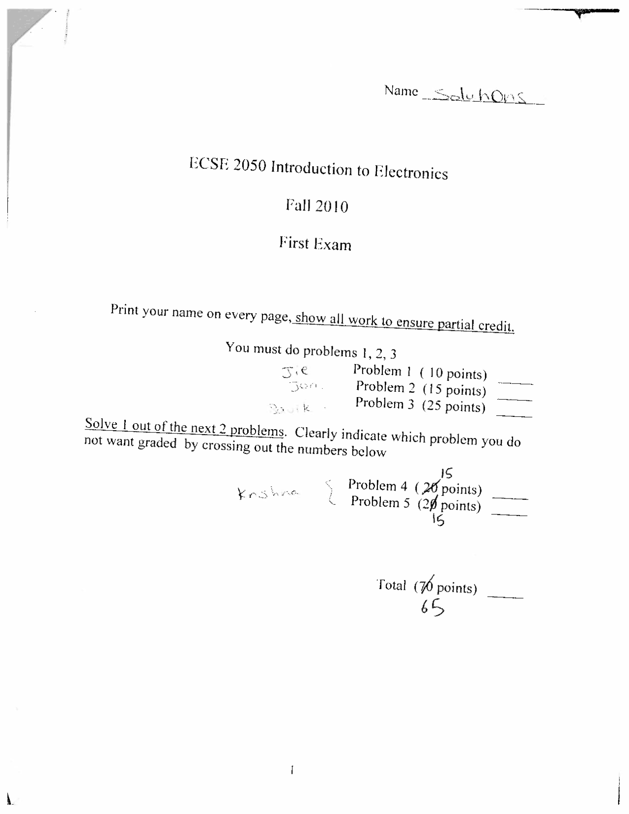 Exam With Solution For Introduction To Electronics Ecse 2050 Docsity