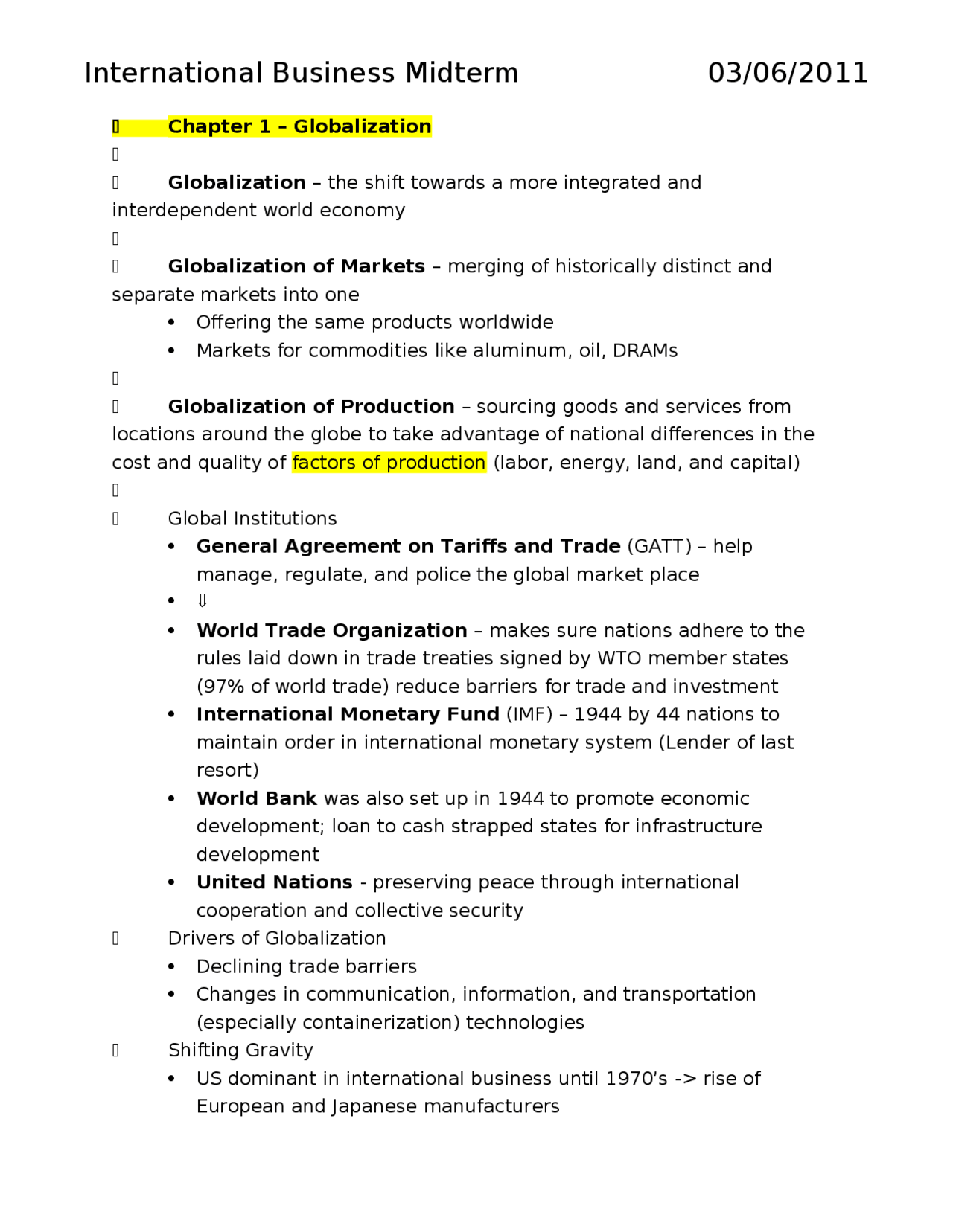 International Business Midterm Review Sheet | BMGT 392 - Docsity