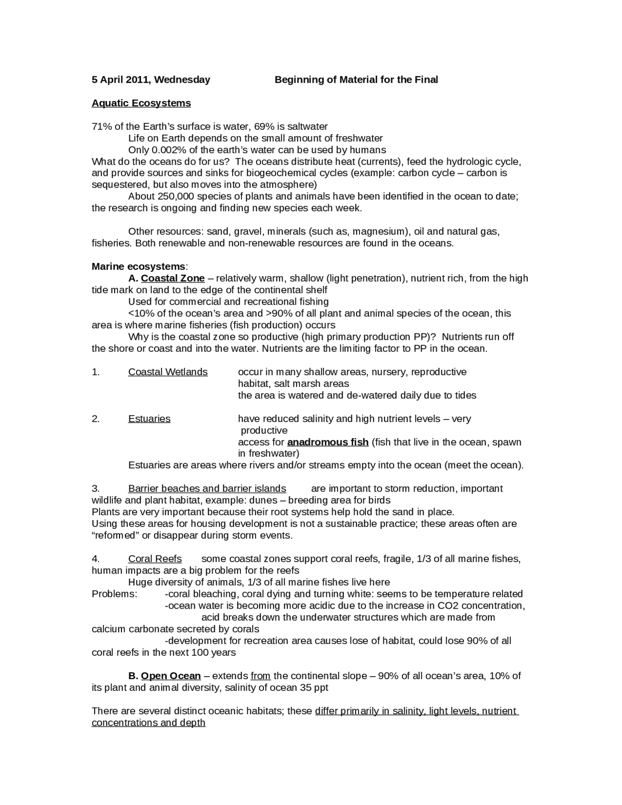 Aquatic Ecosystems Resource Reservation Notes Rnr 1001 Docsity