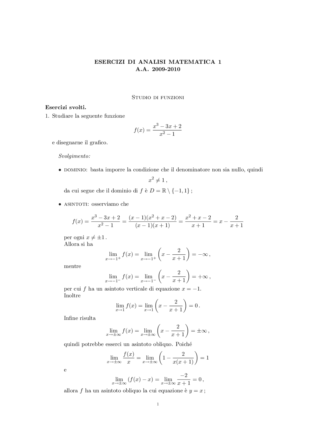 Esercitazioni ed Esercizi - Analisi I - Studio di Funzioni | Esercizi di Analisi Matematica I ...