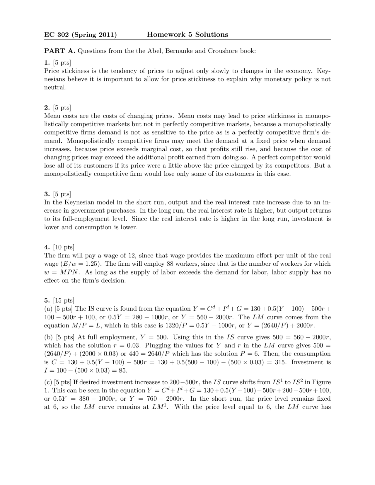 Homework 5 Solutions Intermediate Macroeconomics Ec 302 Docsity