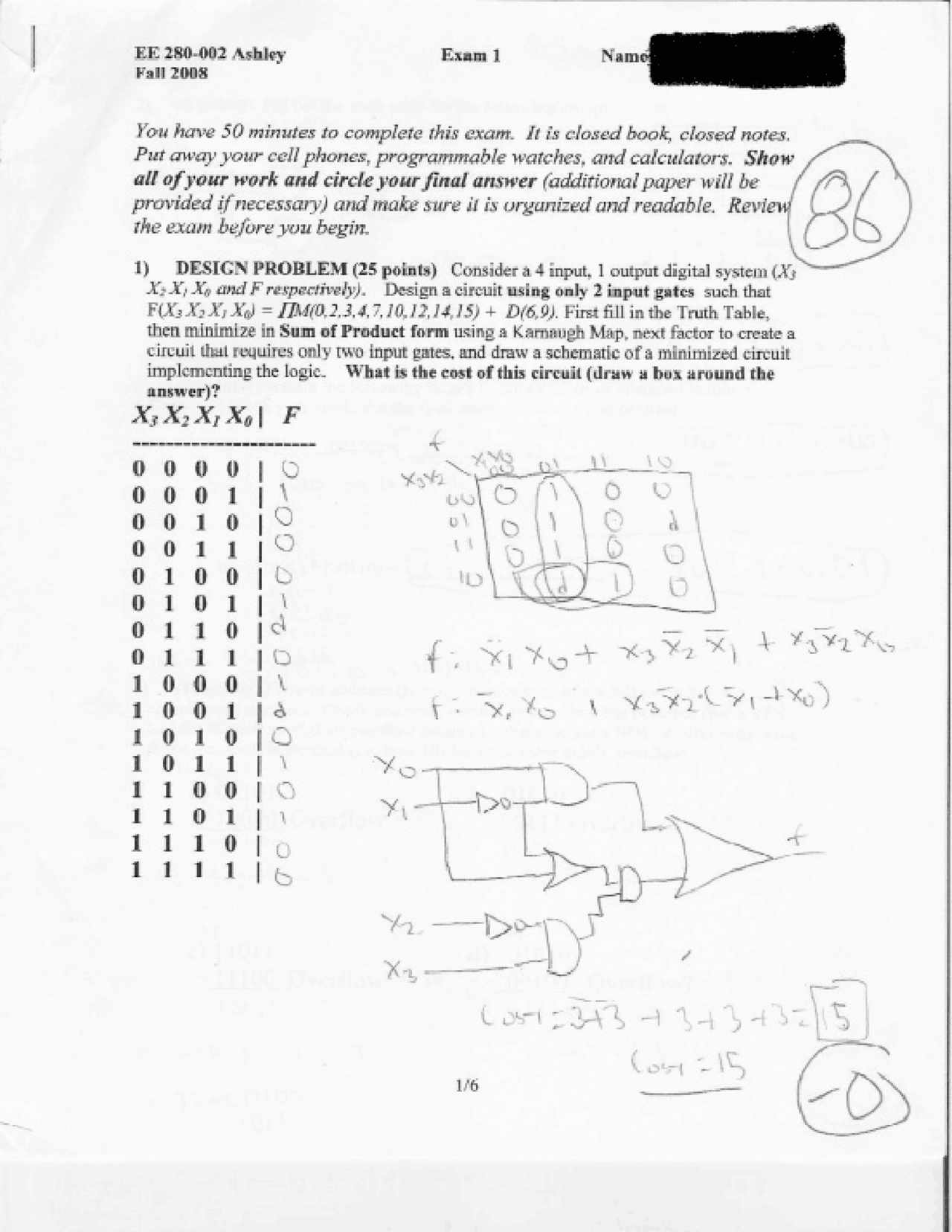 Exam 1 With Solution For Design Of Logic Circuits Ee 280 Docsity