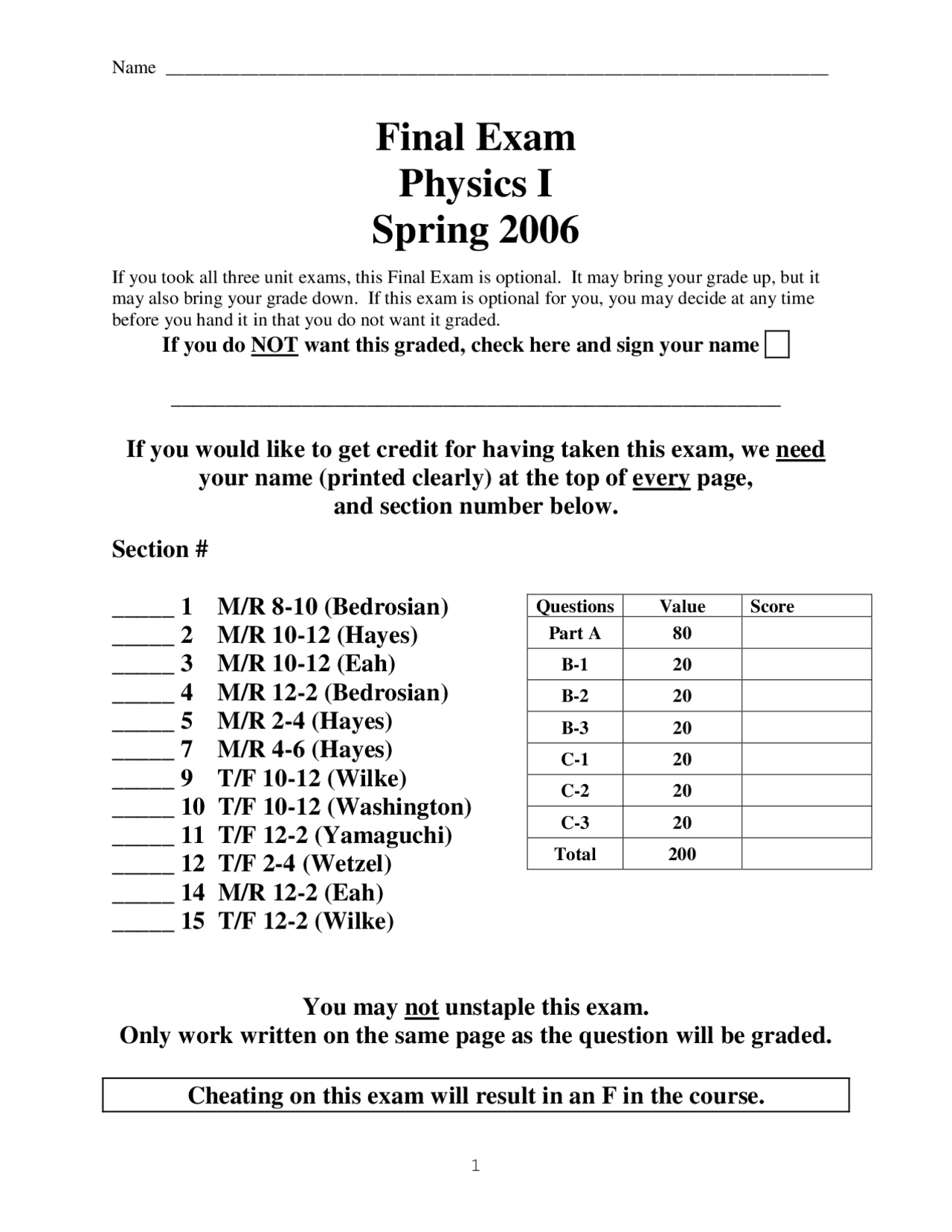 Final Exam for Physics I - Spring 2006 | PHYS 1100 - Docsity